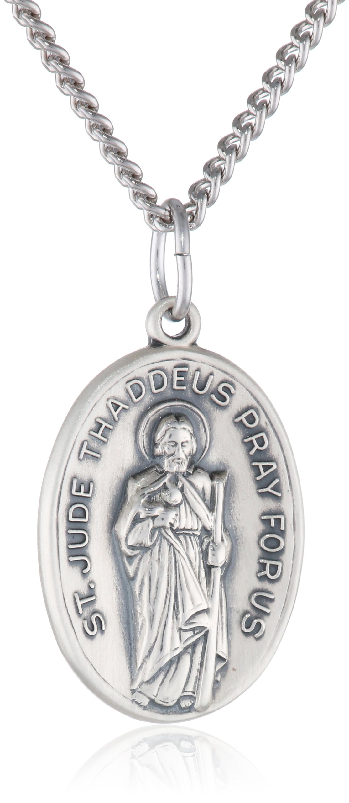 Amazon Collection Sterling Silver Oval Saint Jude Medal with Antique Finish and Stainless Steel Chain, 20"