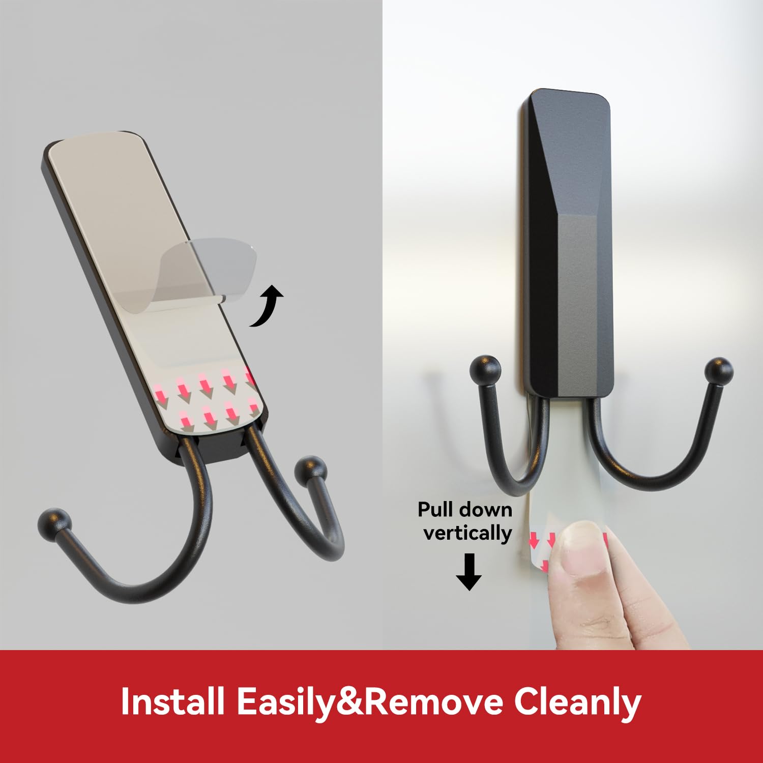 Dr.Wall Black Double Wall Hooks for Hanging, 4 Pack Removable Adhesive Wall Hooks with 5 Strips, Organize Damage-Free Sticky Hooks, Plastic Utility Hooks Heavy Duty for Coat, Towel, Hat, Key