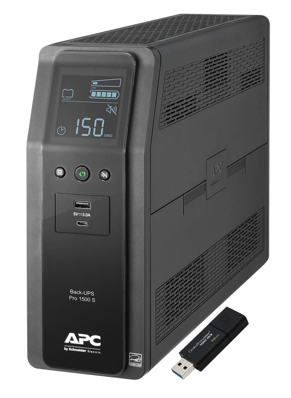 APC Sine Wave UPS Battery Backup & Surge Protector, 1500VA, APC Back-UPS Pro (BR1500MS) Bundle Including 16GB DataTraveler