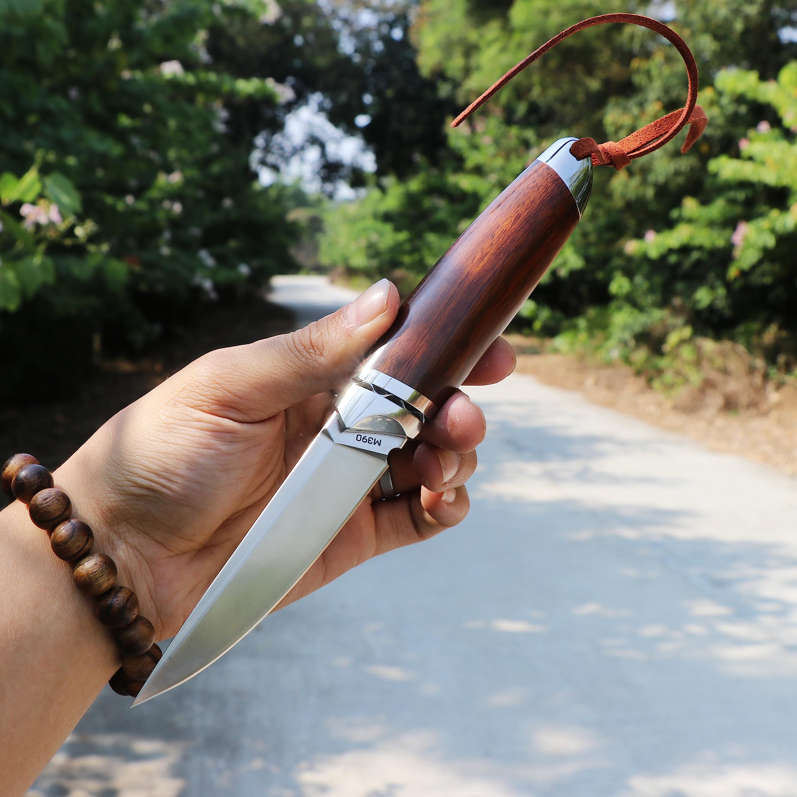 ALVELY Handmade in Northern Europe Fixed blade hunting knife,High hardness M390 steel Camping Adventure Knife,Desert Iron Wood Handle,With leather case and gift packaging,Home and Outdoor EDC knife