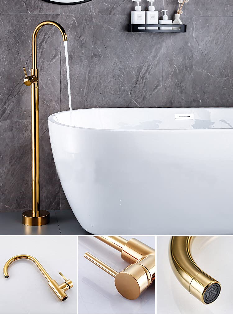 Akitbahome Freestanding Bathtub Faucet Tub Filler Faucet in Plating Gold,Floor Mount Single Handle Bathroom Shower