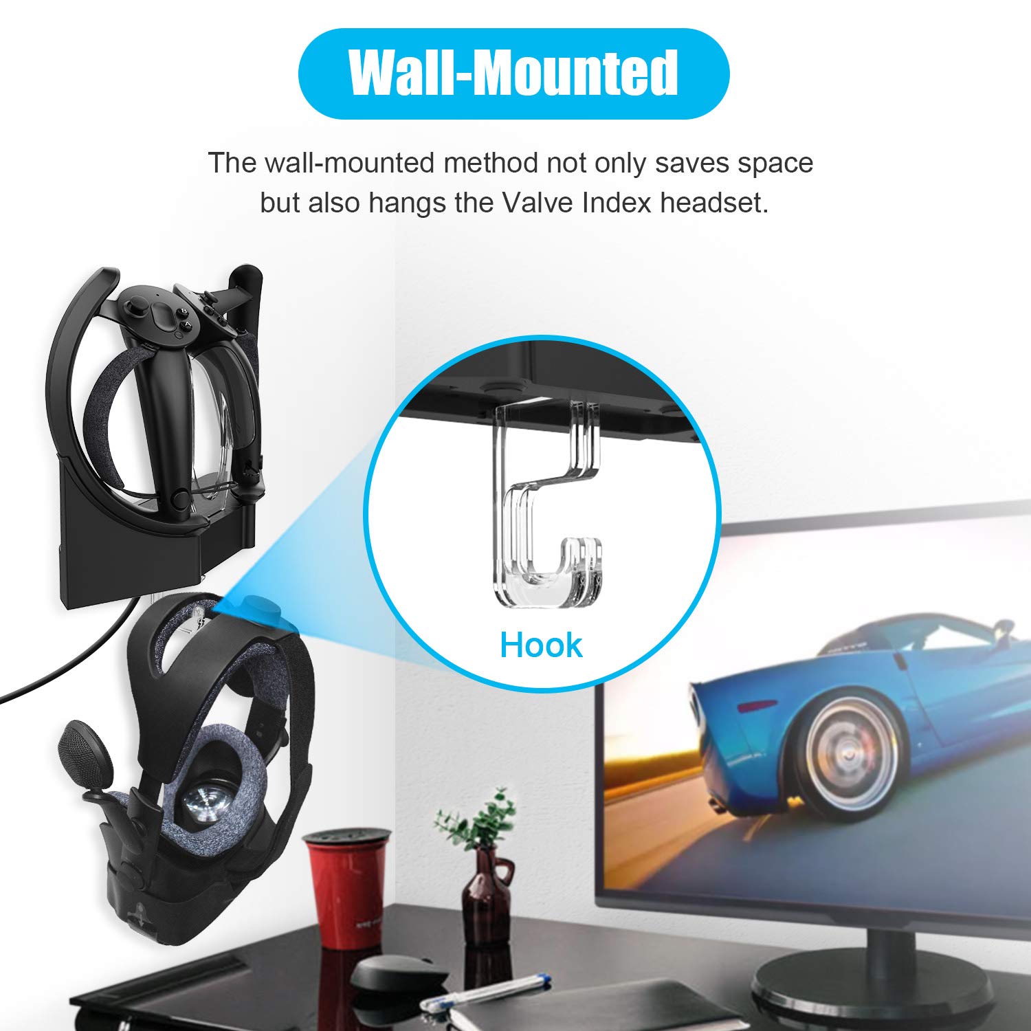 AMVR Touch Controllers Storage and Charging Station, VR Headset Wall Mount Stand for Valve Index, Two Functions Both Hold Valve Index Headset and Type-C Charge Handle Controller
