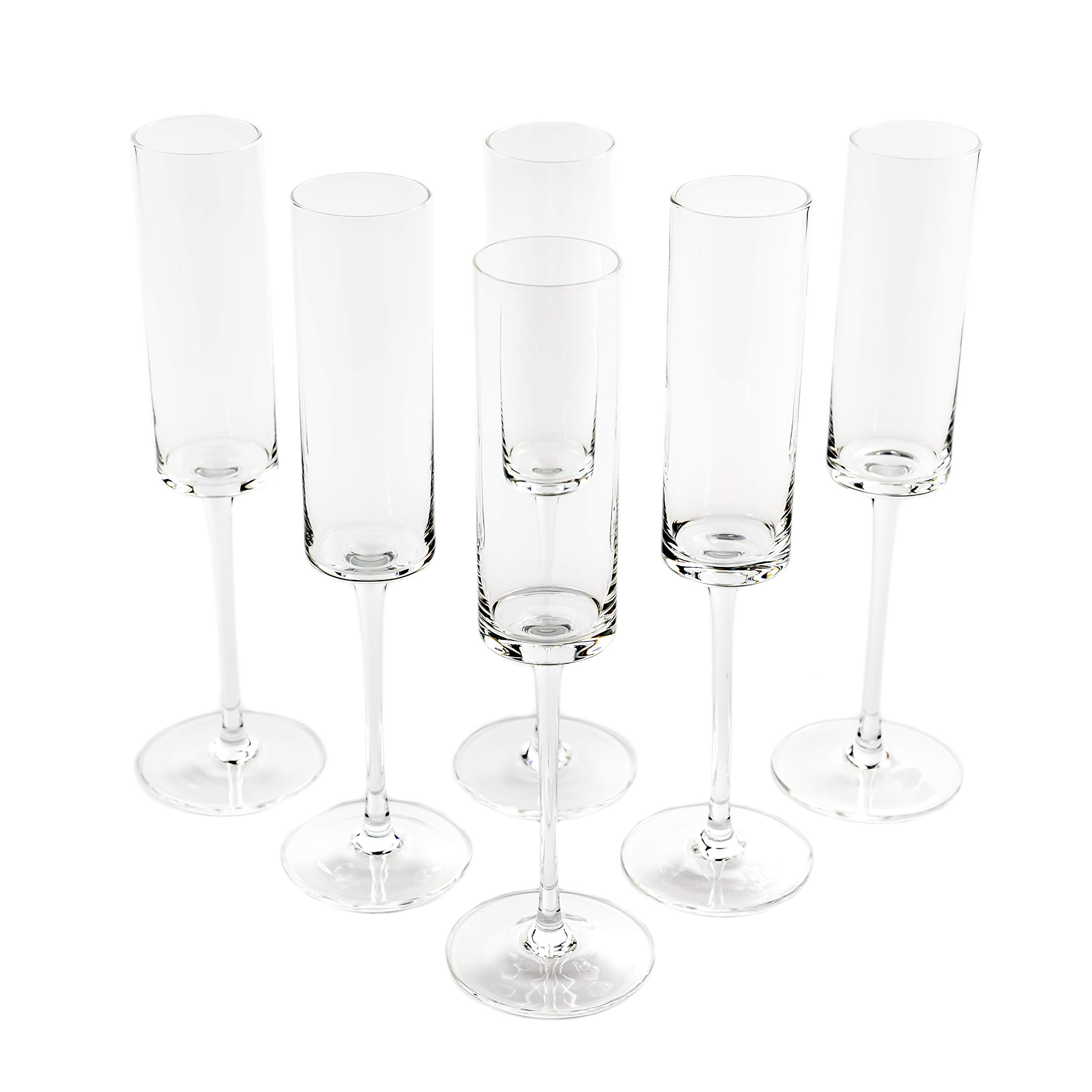 Aspen & Birch - Modern Champagne Flutes Set of 6 - Champagne Glasses - Mimosa Glasses, Crystal Stemware, Clear, 6 oz, Hand Blown Glass Champagne Flutes - Hand Crafted by Artisans
