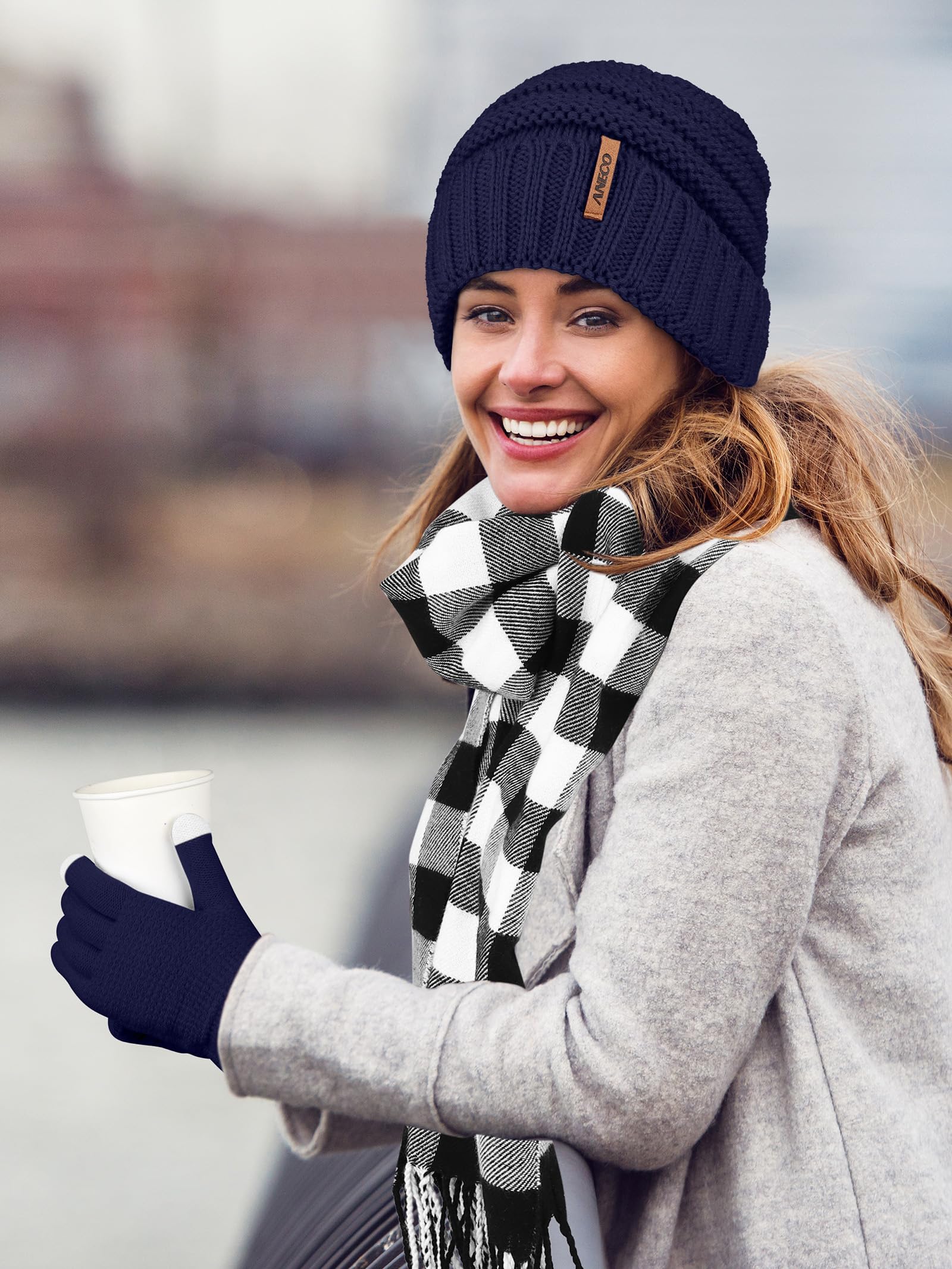 Aneco Winter Warm Knitted Scarf Beanie Hat and Gloves Set Men & Women's Soft Stretch Hat Scarf and Mitten Set