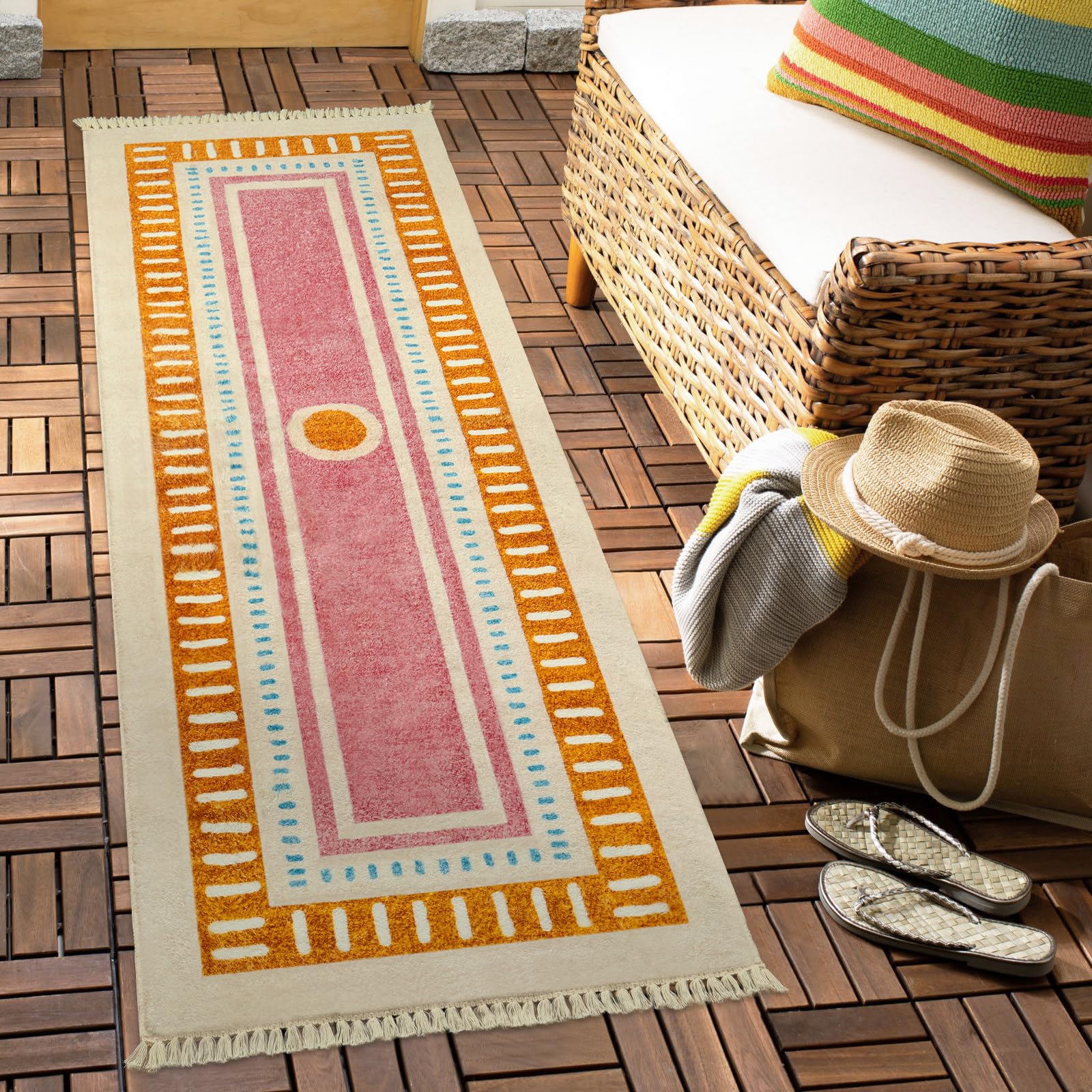 Lukinbox Boho Bathroom Runner Rugs with Fringes, 2x6 Sun Washable Hallway Runner Rug, Extra Long Soft Non-Slip Orange Rainbow Area Rug for Kitchen Laundry Room Entryway