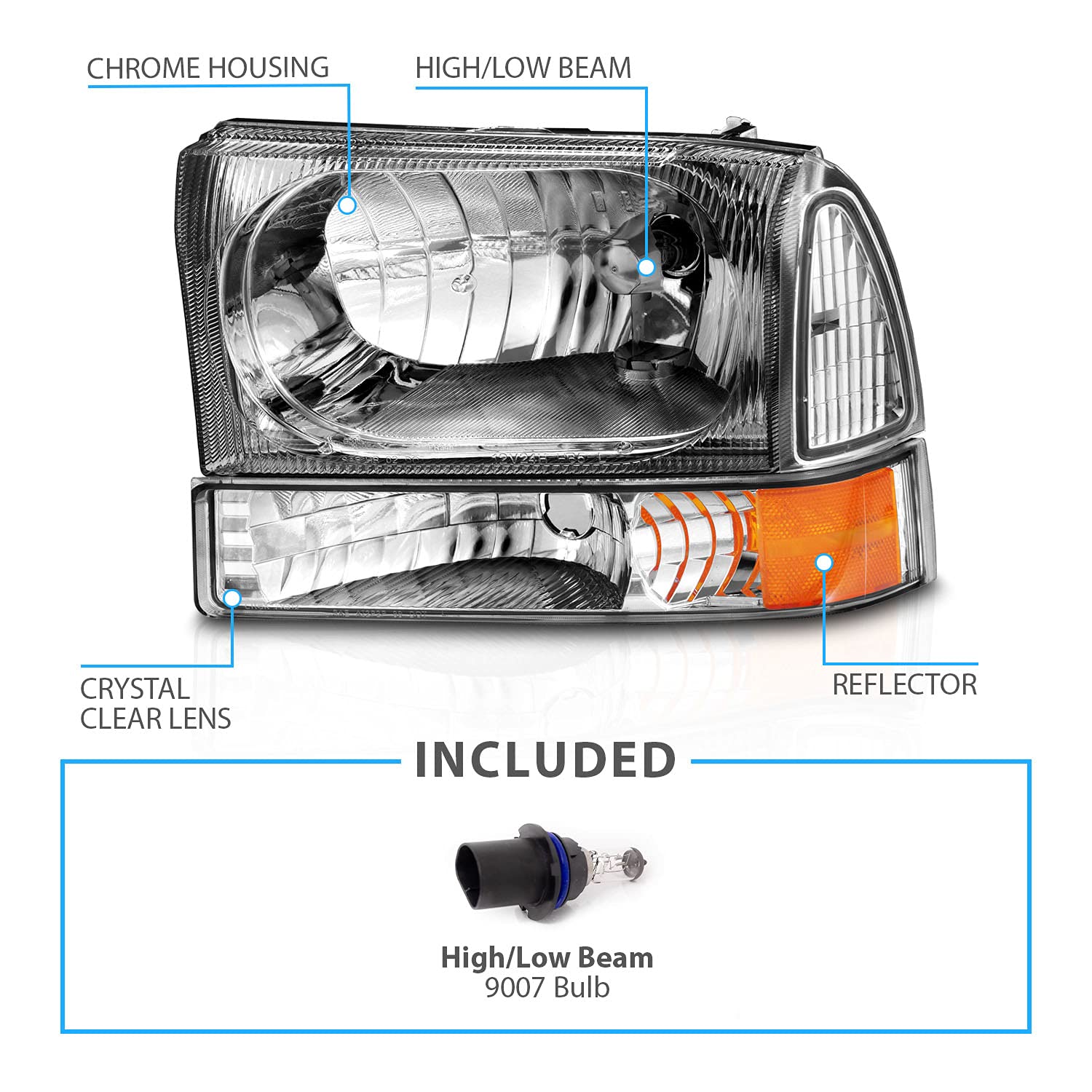AmeriLite OE Chrome Replacement Headlights 4pcs Set w/Socket Bulb for 1999-04 Ford Excursion/Super Duty F250 F350 F450 F550 Truck - Passenger and Driver Side