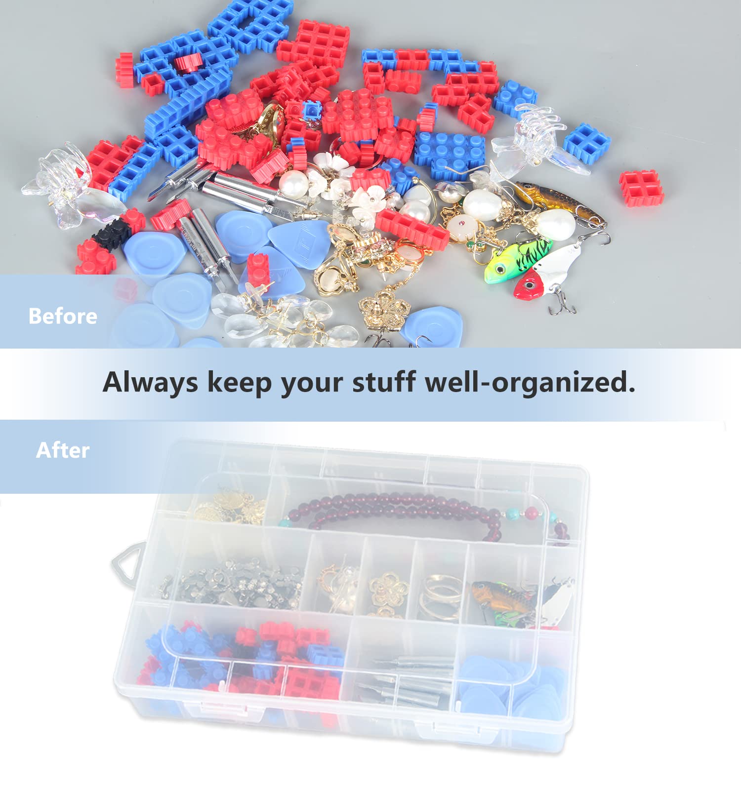 CAZCAL 24 Grids Clear Plastic Organizer Box with Adjustable Dividers for Beads Organizer Earrings Necklaces Art DIY Crafts Jewelry Fishing Tackles craft storage with 1 Sheet Label Stickers