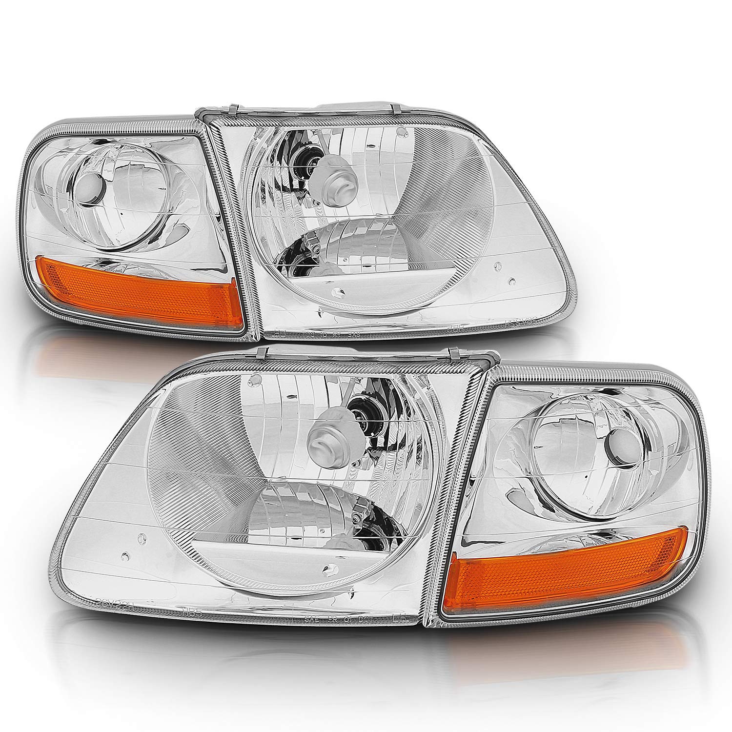 AmeriLite Replacement Crystal Halogen Car Headlights with Corner Parking Set For Ford F150 F-150 Harley Lighting - Driver and Passenger, Vehicle Light Assembly, Chrome
