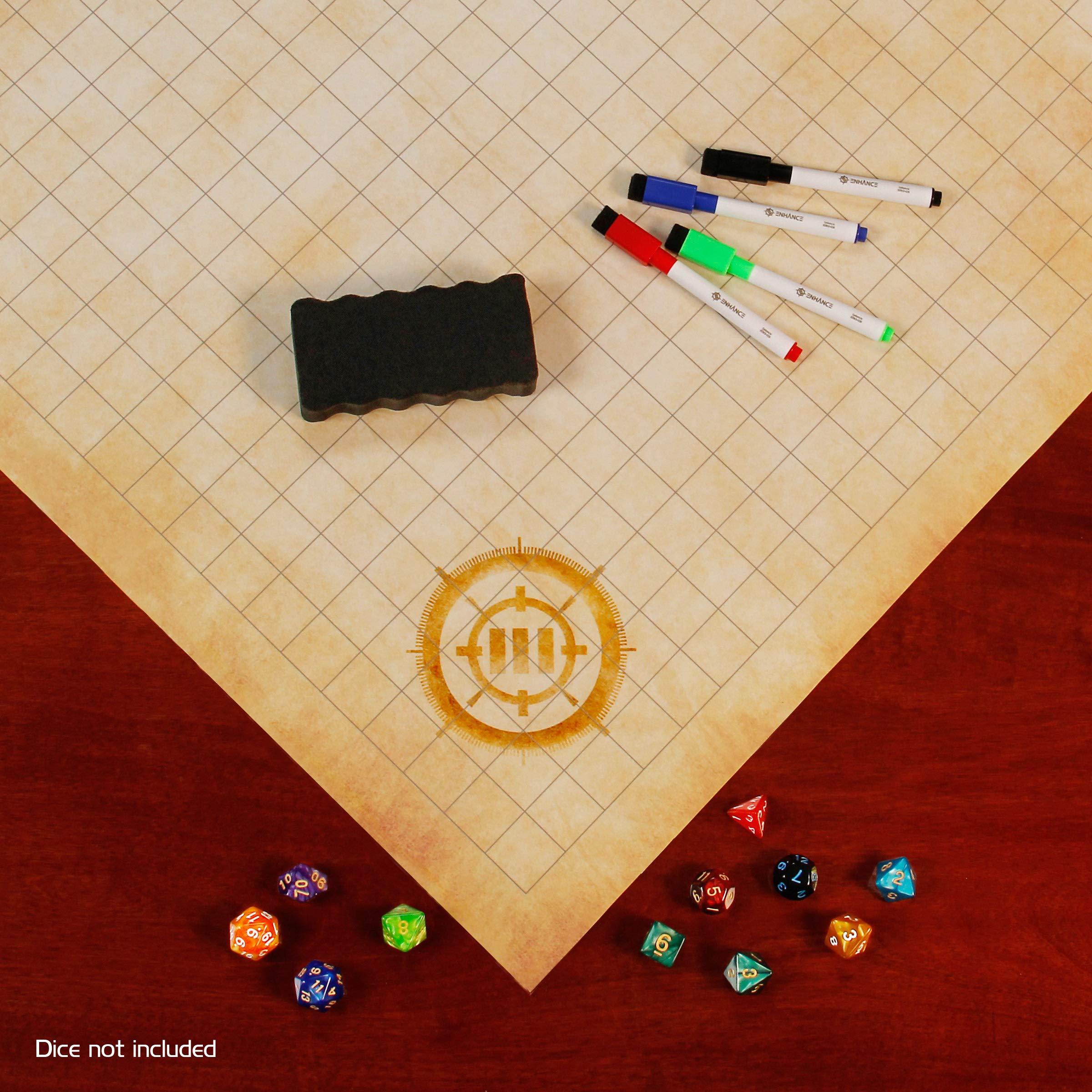ENHANCE RPG Grid Mat - Tabletop DND Map (24x36 inch) Role Playing Dry Erase DND Mat Complete Gaming Set for Masters and Starters, Erasable Parchment Battle Grid Game Mat with Travel Pouch, Marker Kit