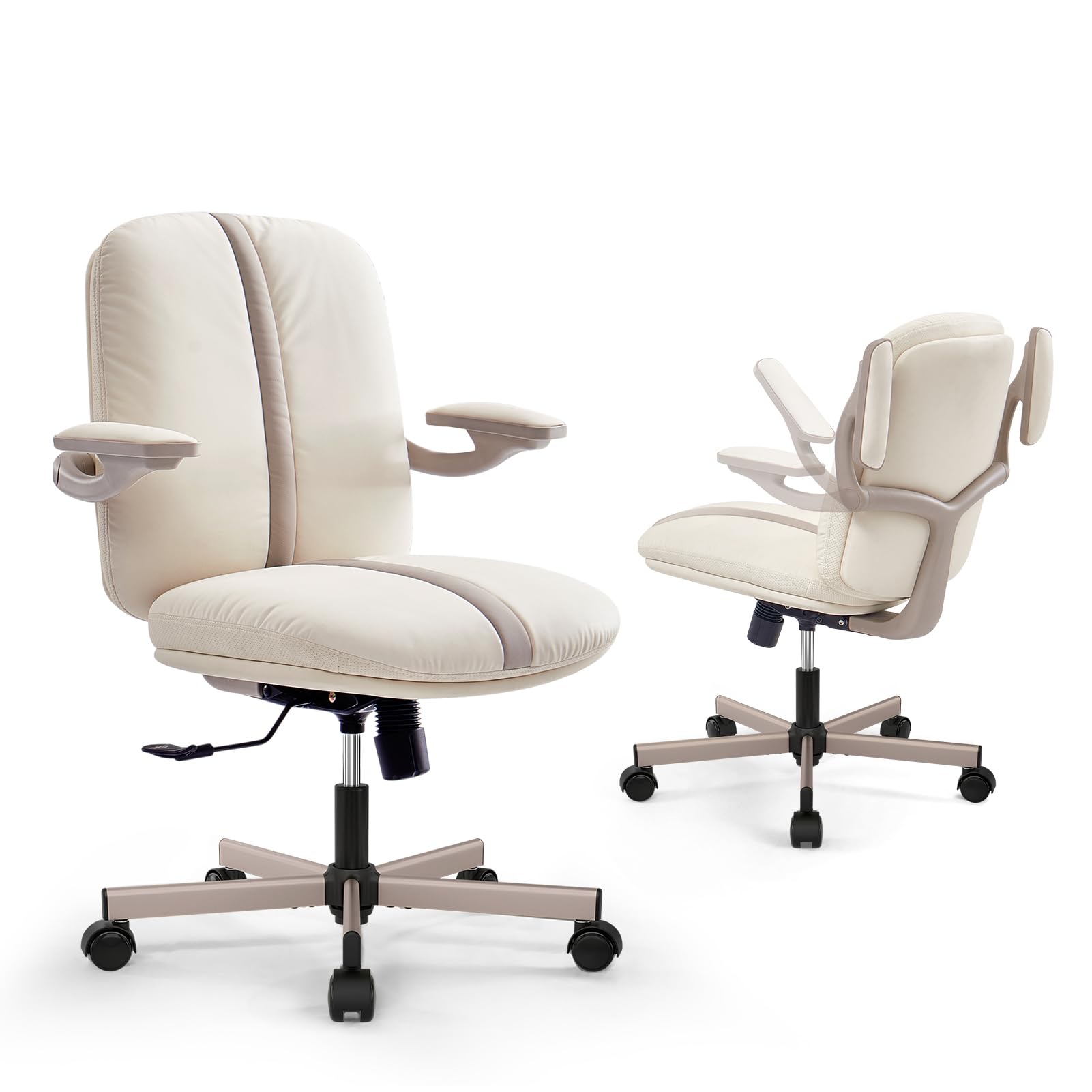 LEAGOO Home Office Desk Chairs with Wheels, Small Desk Chair with Mid-Back, Comfy Flip-up Arms Adjustable PU Leather Swivel Computer Chair, Ergonomic Task Chair for Space Saving, Bedroom, Study, White