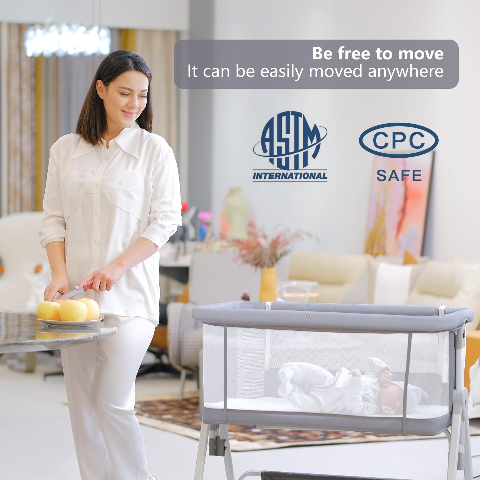 Baby Bassinet Bedside Sleeper for Baby with Wheels and Storage Basket ,All Mesh Portable Bedside Bassinet Co Sleeper for Newborn /Infant,7 Height Adjustable Easy to Assemble Bedside Crib(3 in 1,Black)