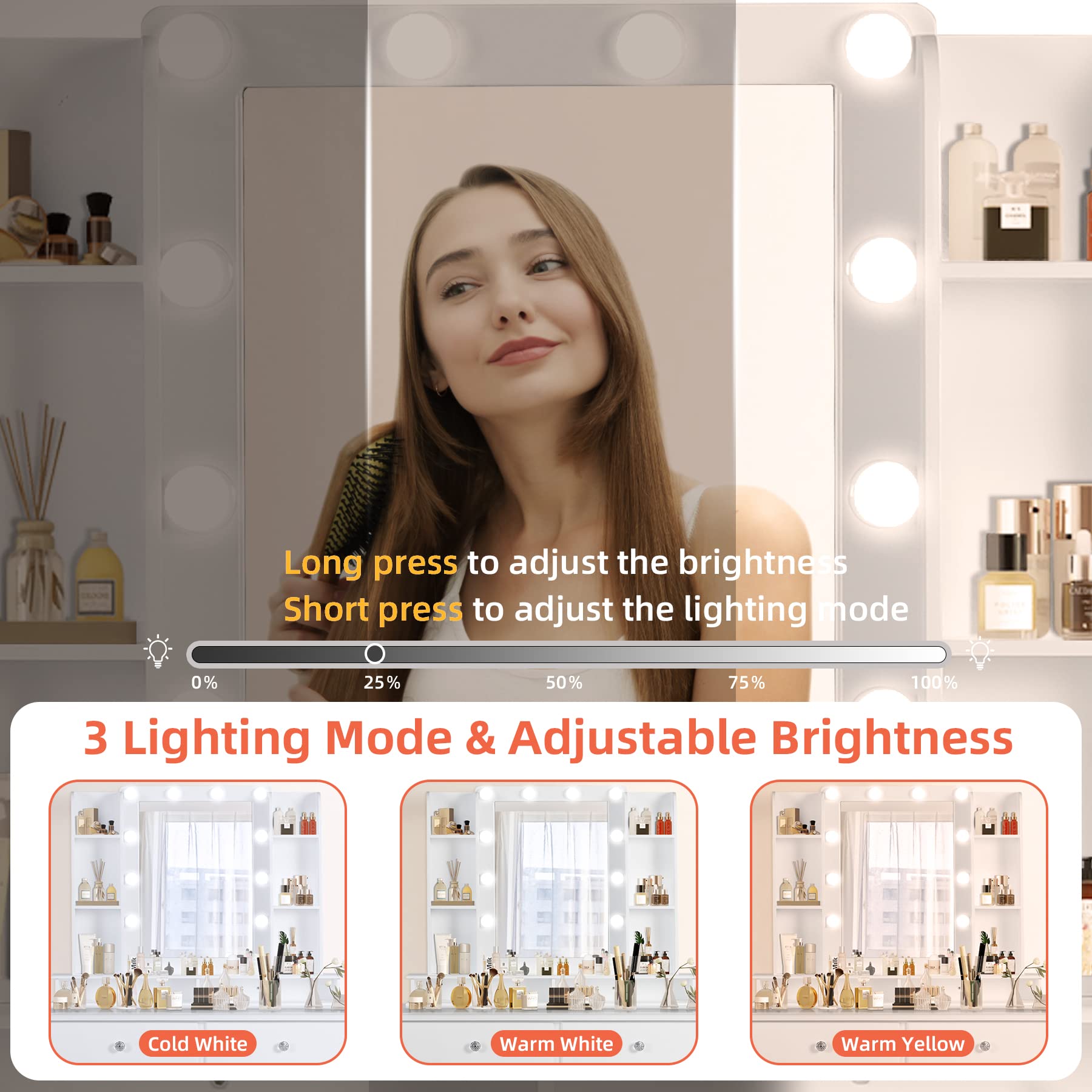 AODAILIHB Vanity Desk with Mirror and Lights, 35" Makeup Vanity Dressing Table with Vanity Stool/2 Drawers/Open Shelves/3 Color Lighting Modes & Brightness Bedroom Furniture (White)