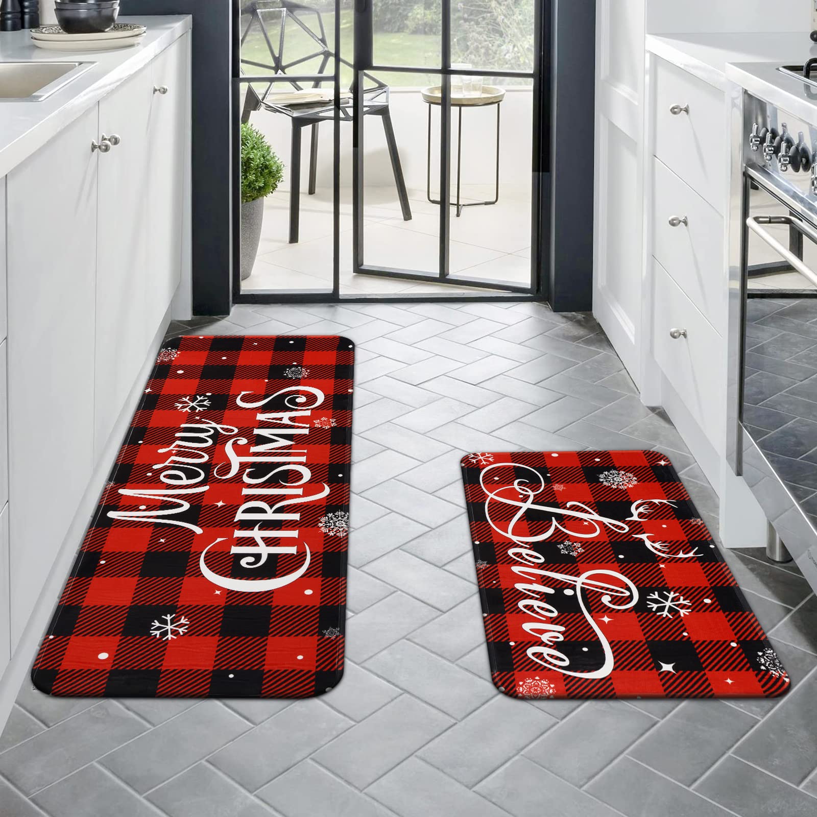 ASPMIZ 2 Pcs Christmas Buffalo Plaid Kitchen Rugs and Mats Set, Absorbent Winter Snowflake Kitchen Mat Cushioned Anti Fatigue, Xmas Decorative Area Rug Set of 2 Washable, 17'' x 47'' + 17'' x 30''