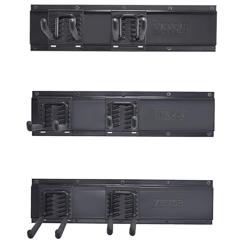 VEVOR Garage Tool Organizer, 600 lbs Max Load Capacity, Wall Mount Yard Garden Storage Rack Organization Heavy Duty with 6 Adjustable Hooks and 3 Rails, for Garden Tools, Shovels, Trimmers, and Hoses