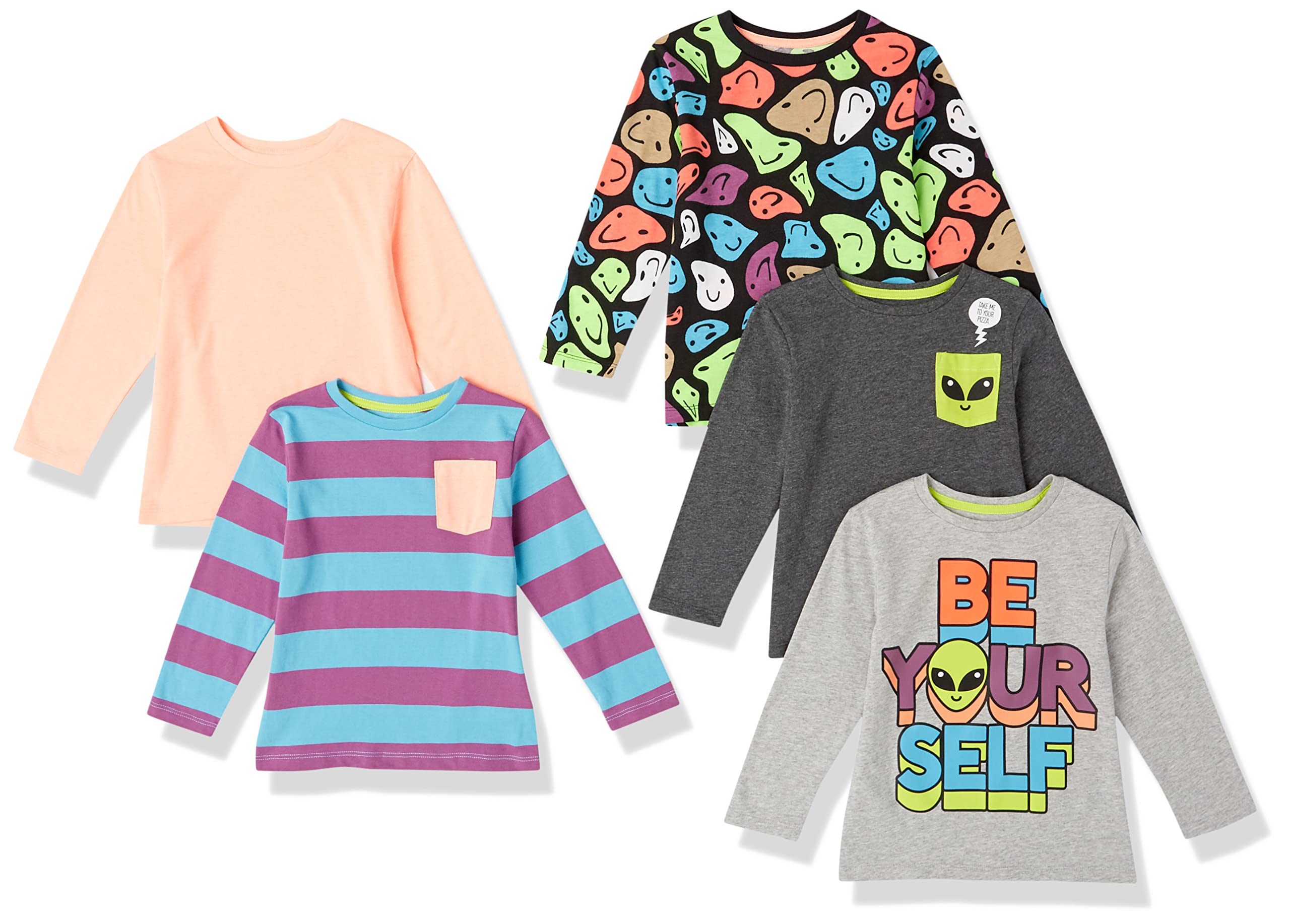 Amazon Essentials Boys' Long-Sleeve T-Shirts (Previously Spotted Zebra), Pack of 5, Multicolor/Fries/Pizza, Medium