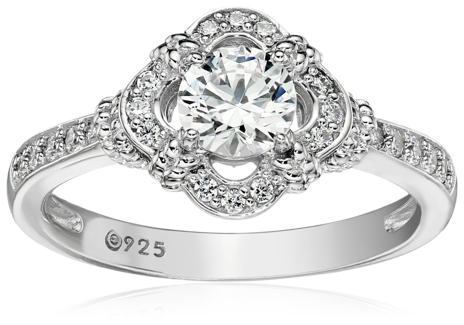 Amazon Essentials Sterling Silver Platinum Plated Infinite Elements Cubic Zirconia Framed Halo Antique Ring, Size 8, (previously Amazon Collection)