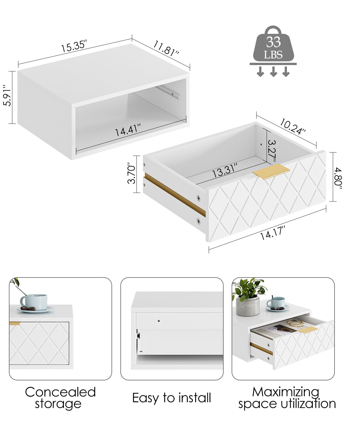 Aobafuir Floating Nightstand Shelf with Drawer, Small Modern Wall Mounted Nightstand, Shelves for Bedroom, White Diamond