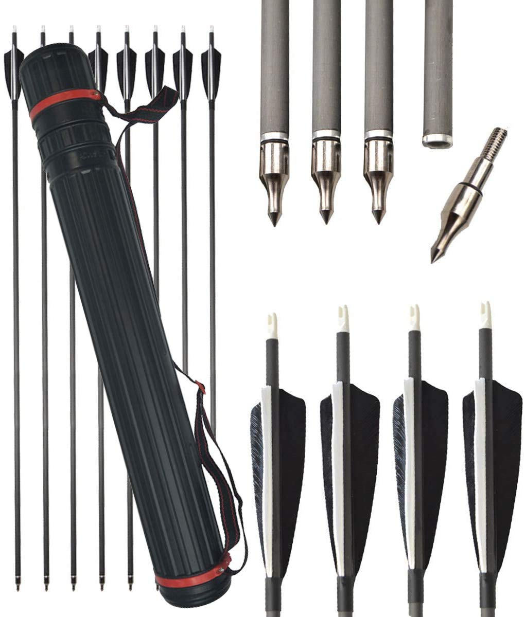 AMEYXGS 6/12pcs Carbon Arrow 34inch Hunting Arrow 500 Spine Shooting Practice Arrows with True Feathers and Detachable Broadheads for Compound Bow Recurve Bow (12pcs Arrow+Quiver)