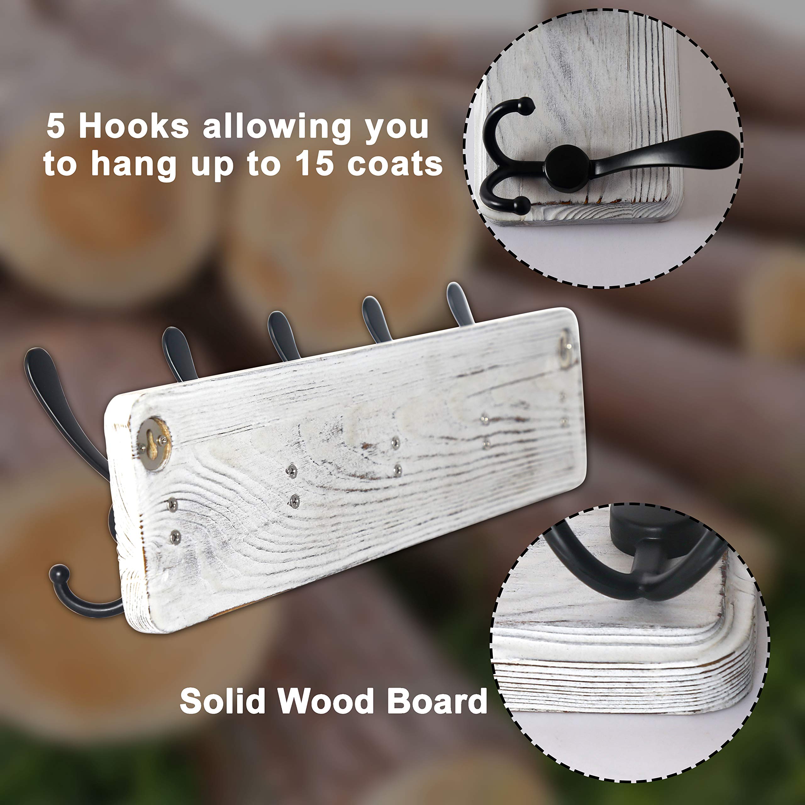 Dseap Coat Rack Wall Mounted - 5 Tri Hooks, Heavy Duty, Wooden Wall Coat Hanger Coat Hook for Clothes Hat Jacket Clothing, Natural & Black, 2 Packs