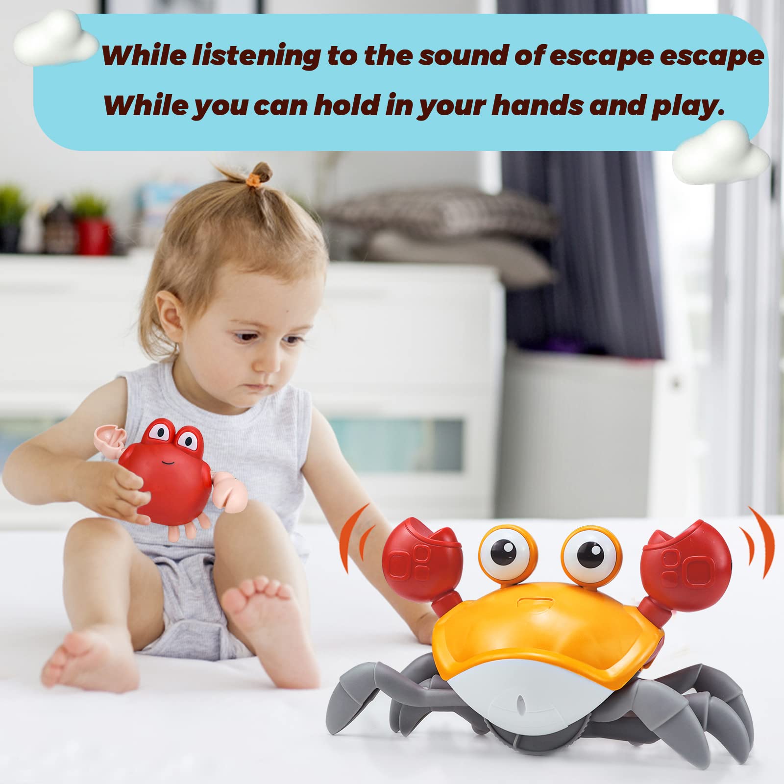 Befocus Baby Crawling Crab Toy with Music and LED Light for Kids Toddles, Crab Toys with Automatic Induction and Obstacle Avoidance Function, USB Rechargeable Fun Moving Toys for Boys Girls (Yellow)