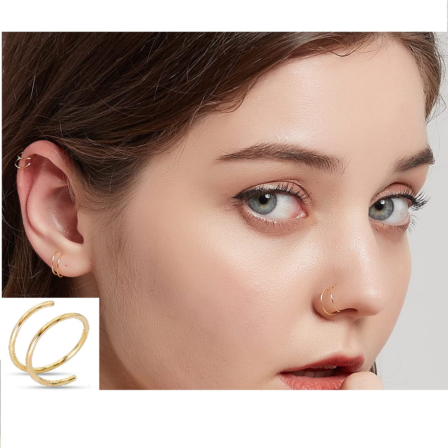 Begonia Accessories Hypoallergenic 925 Sterling Silver Gold Double Ring Nose Ear Lip Piercing Stud Earrings 1 pcs