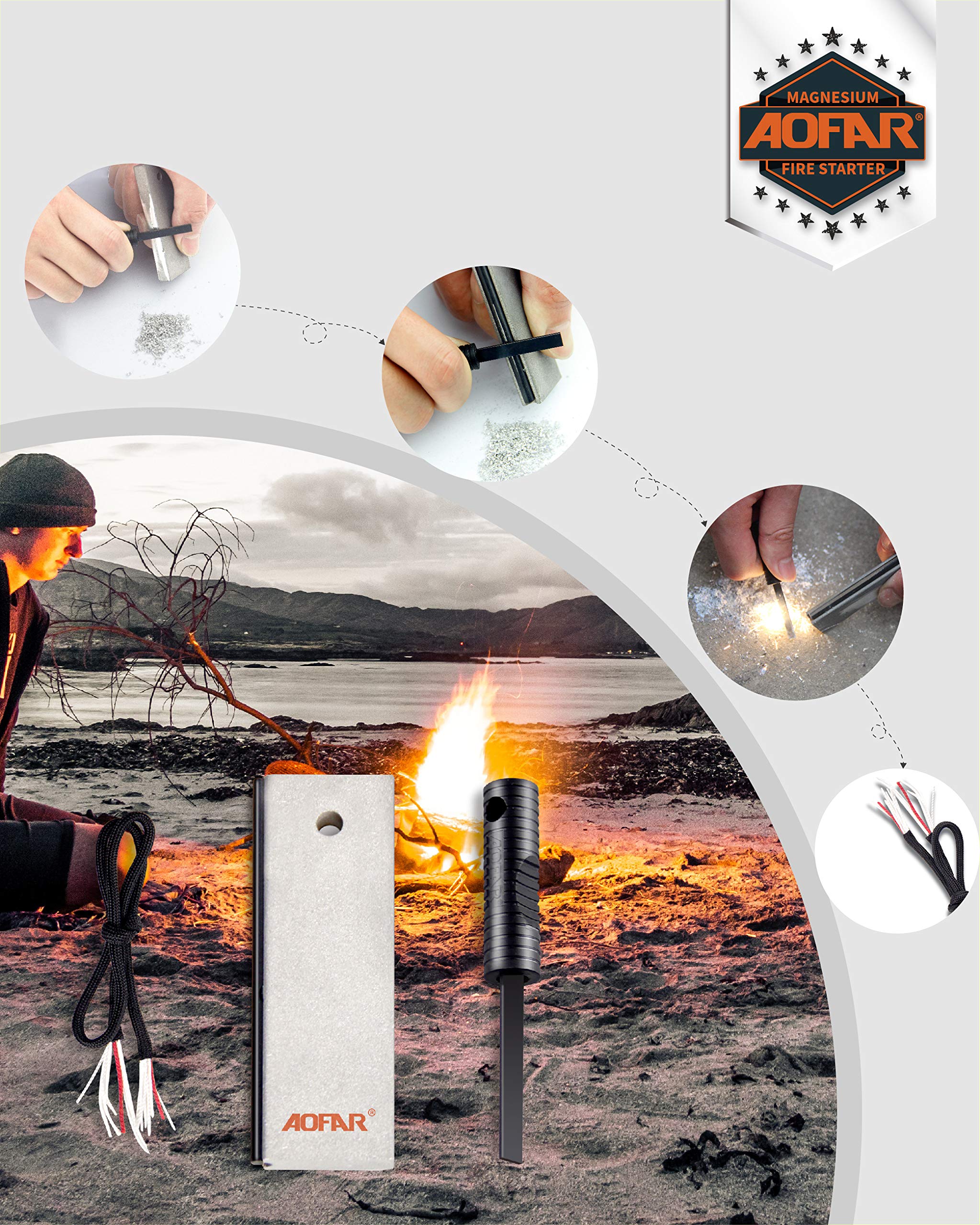 AOFAR Magnesium Fire Starter AF-374 (2-Pack) Waterproof Fire steel Pouch for Camping, Hiking, Hunting, Backpacking,Outdoor survival fire striker kit