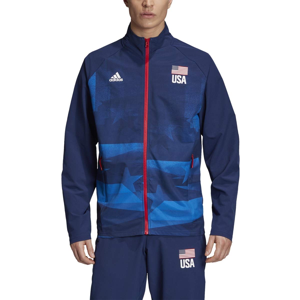 adidas Mens USA Volleyball Warm-Up Jacket Team Navy Blue/Glory Blue XS