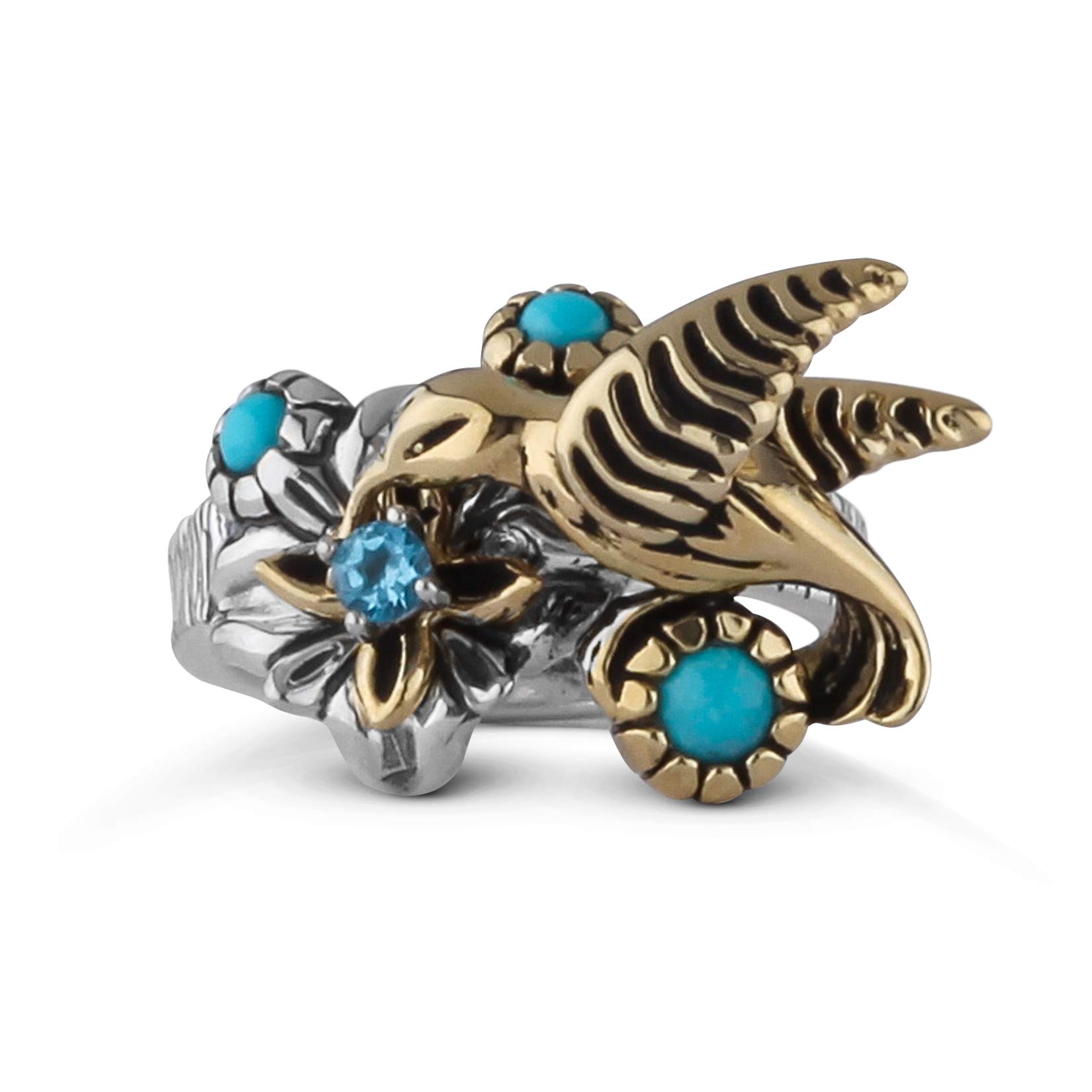 American West Sterling Silver & Mixed Metal Fritz Casuse Turquoise Blue Topaz Hummingbird Ring - Size 6