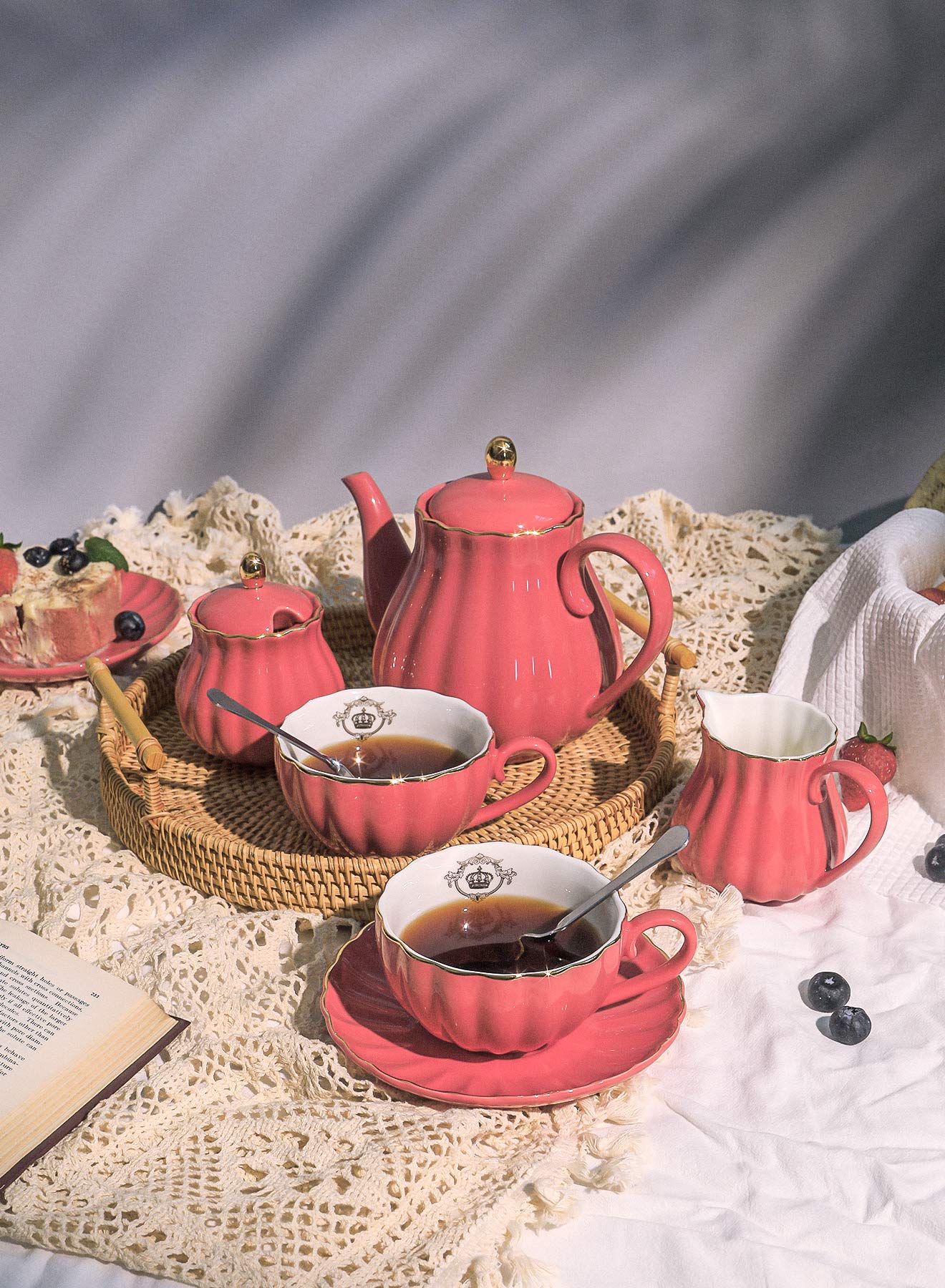 Amazingware Porcelain Tea Set - Tea Cup and Saucer Set Service for 6, with 28 ounces Teapot Sugar Bowl Cream Pitcher Teaspoons and Tea Strainer - for Thanksgiving - Pumpkin Fluted Shape, Red