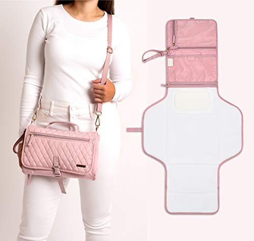 AMILLIARDI Stylish Diaper Changing Pad Portable with Credit Card Holder, Changing Mat, Removable Pad for Baby, Infant, Newborn, Travel, Hook-on Shoulder Strap, 3 Zipped Pockets (Light Pink)