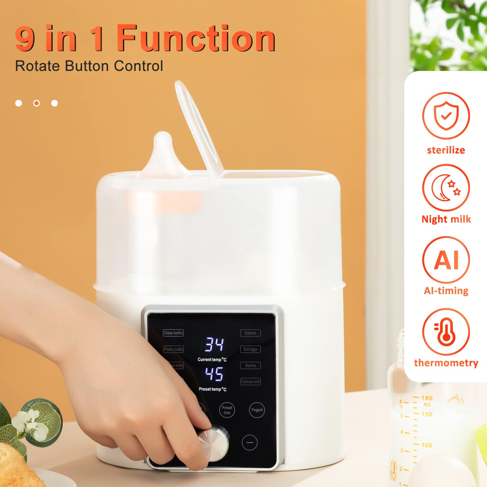 Baby Bottle Warmer, 8 in 1 Multi-Function Bottle Warmer, AI Temperature Control Rotate Button Bottle Warmer for Breastmilk, Low Noise Presettable Bottle Warmers, 24 Hours Keep Warming (2 Bottle)