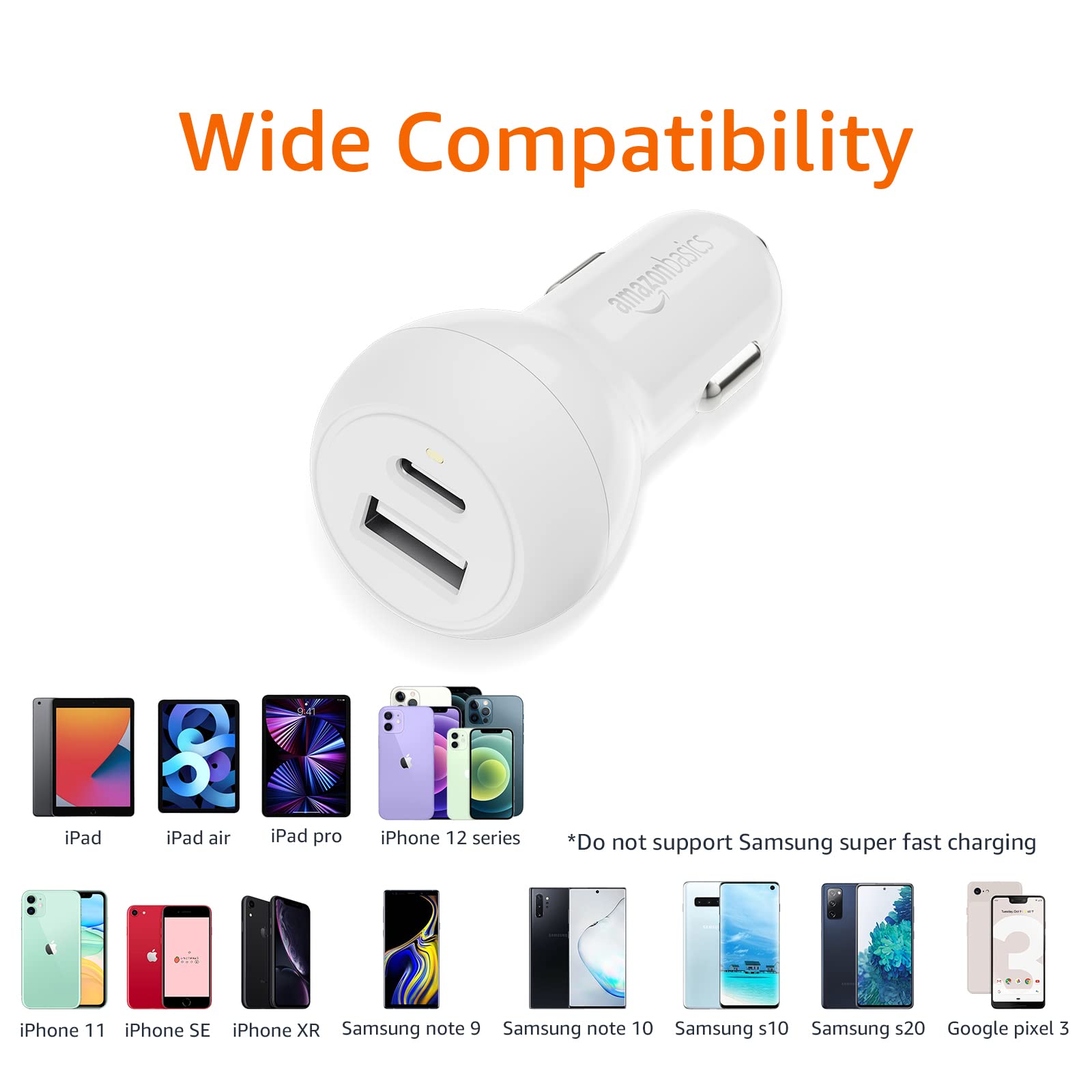 Amazon Basics Dual-Port Car Charger with 1 USB-C Port (20W) and 1 USB-A Port (12W), White