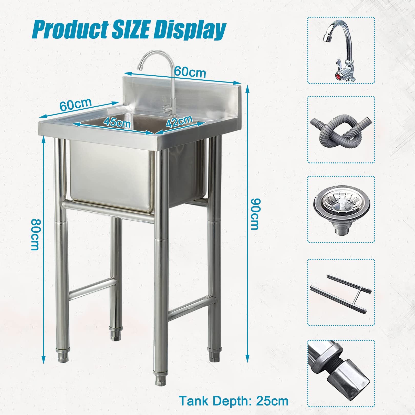 ALEEJA Kitchen Sink, 304 Stainless Steel Single Bowl Sink, Free Standing Prep & Utility Sink, Washing Hand Basin for Restaurant, Laundry, Garden