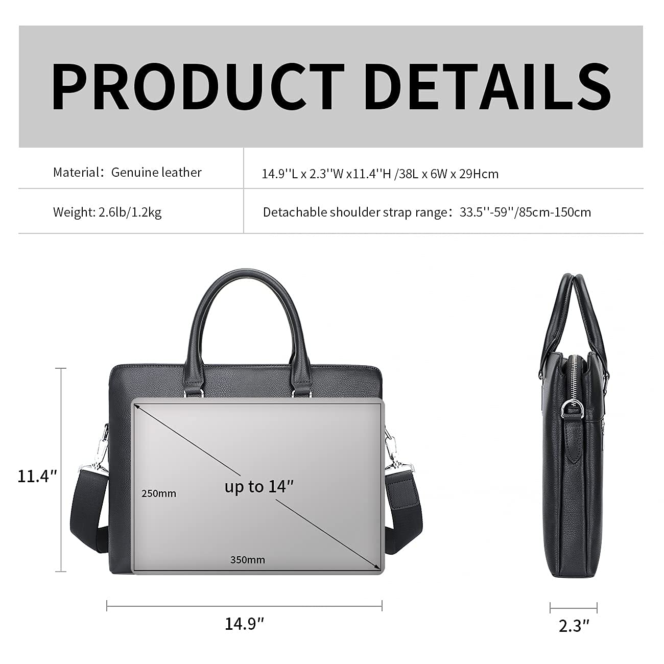 Augus Leather Briefcase Messenger Laptop Bag for Men Women 14 inch Water Resistant Anti Theft Durable for Work Travel (Black)