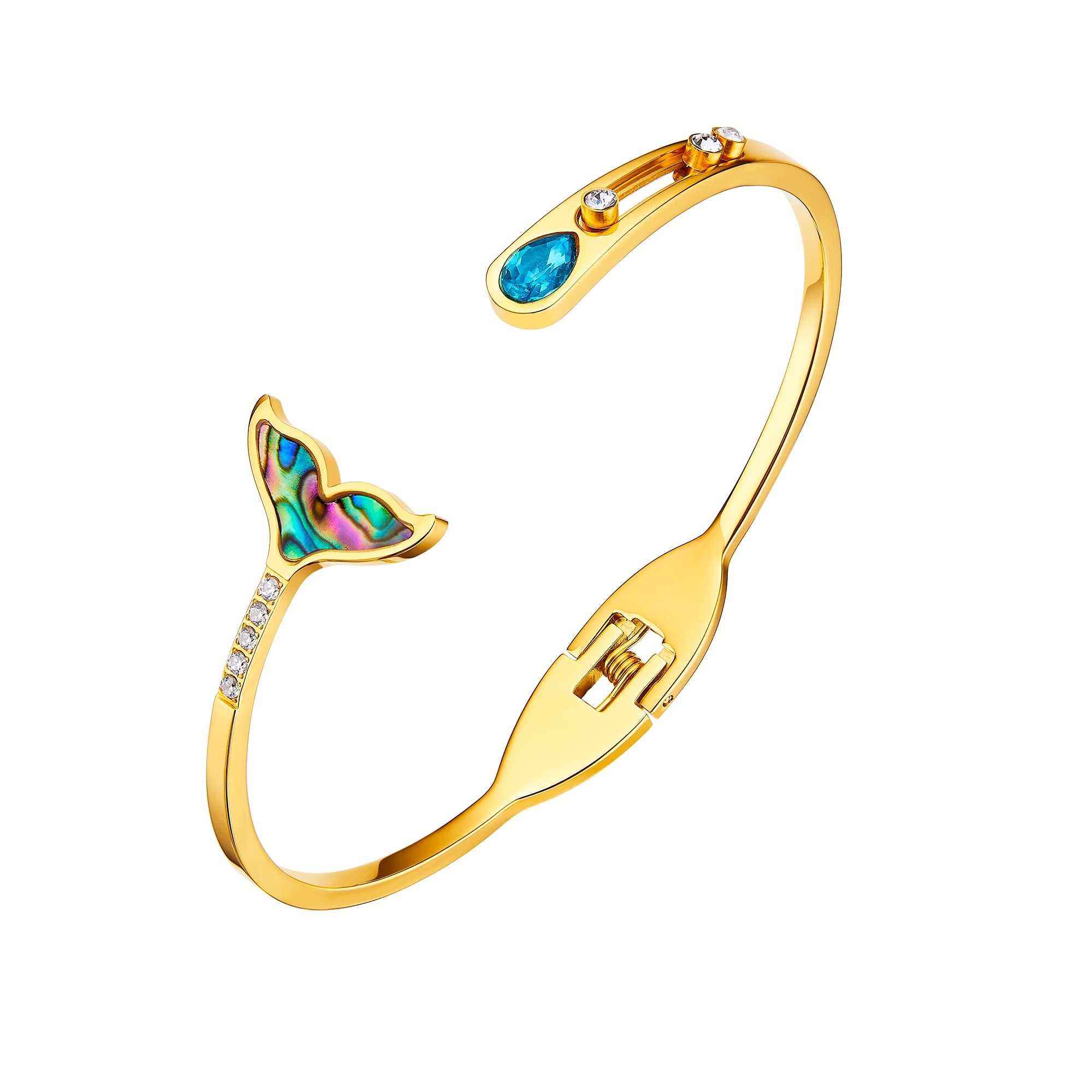Aradoo Mermaid Tail Bangle Bracelets For Women, Abalone Shell Stainless Steel Open Cuff Bracelet, Inlaid Cubic Zirconia Germanium Energy Bracelet, Birthday Jewelry Gifts For Women (Gold)