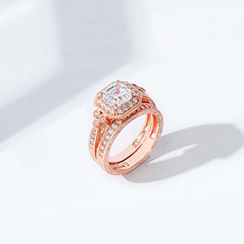 Amazon Essentials Rose Gold Plated Sterling Silver Infinite Elements Cubic Zirconia Asscher Antique Wedding Ring Set, Size 9 (previously Amazon Collection)