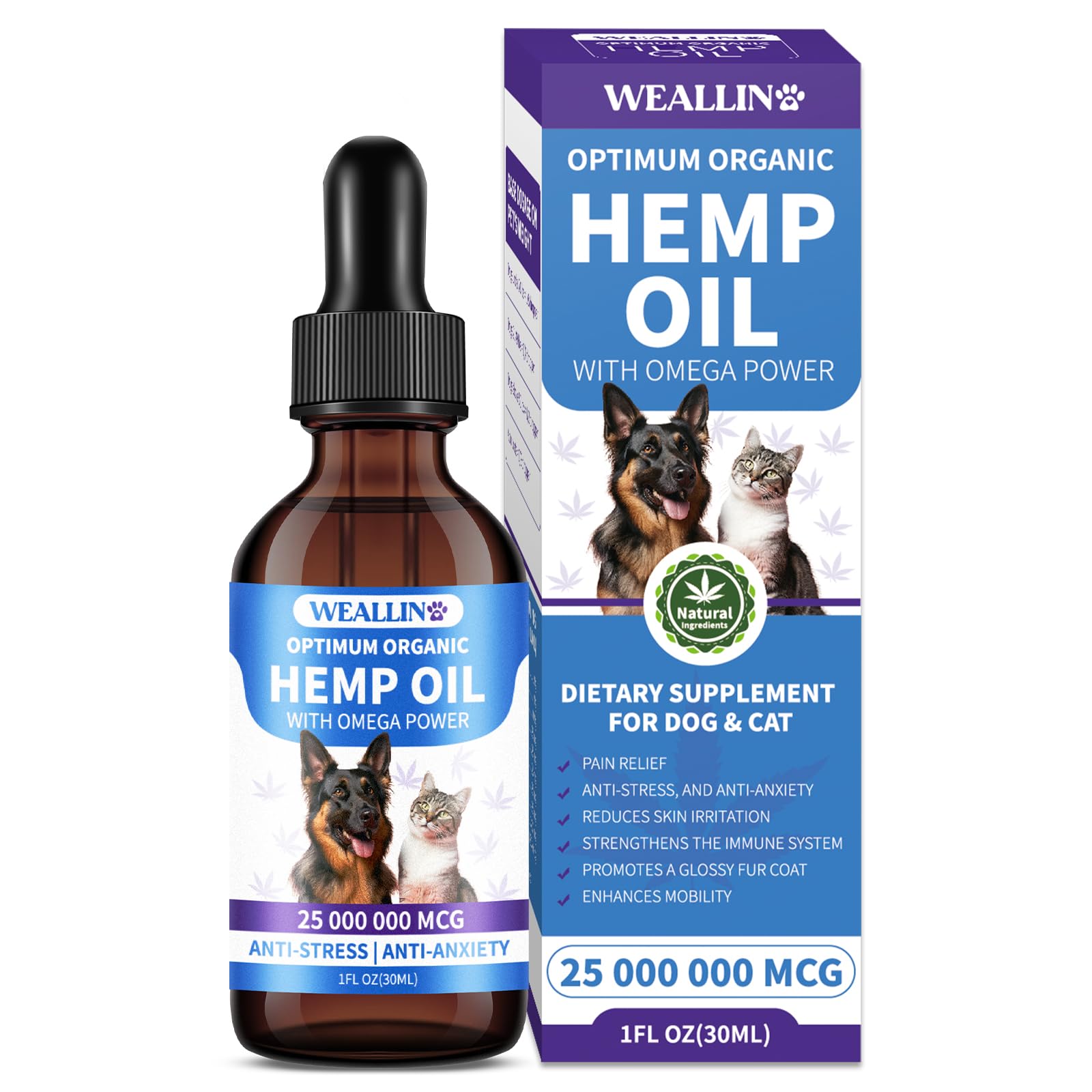 WEALLIN Hemp Oil for Dogs and Cats, Rich in Omega 3, 6, 9 and Organic Extract Helps Pets with Anxiety, Pain, Skin and Coat Health, Stress, Hip and Joint Support, Pet's Calming Treat (1 Pack)