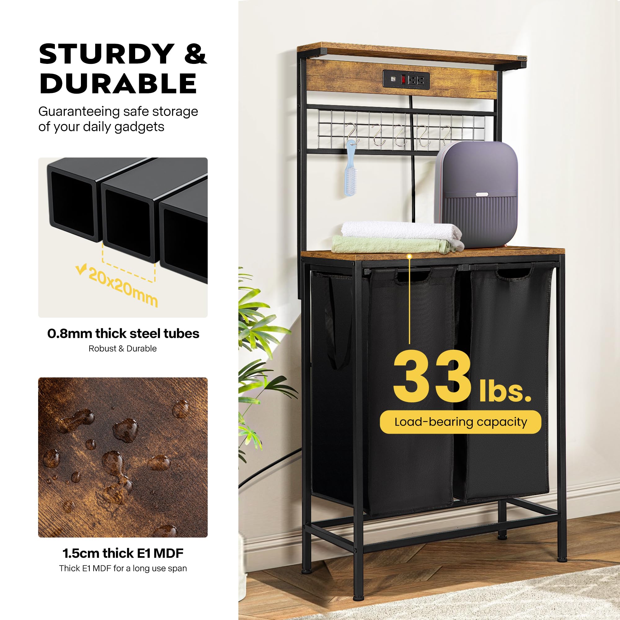 VIVOHOME Laundry Hamper with Power Outlet, Laundry Basket 2 Section, Laundry Sorter with Hooks, Shelf, 2 x 65L Removable Bags, Rustic Brown and Black