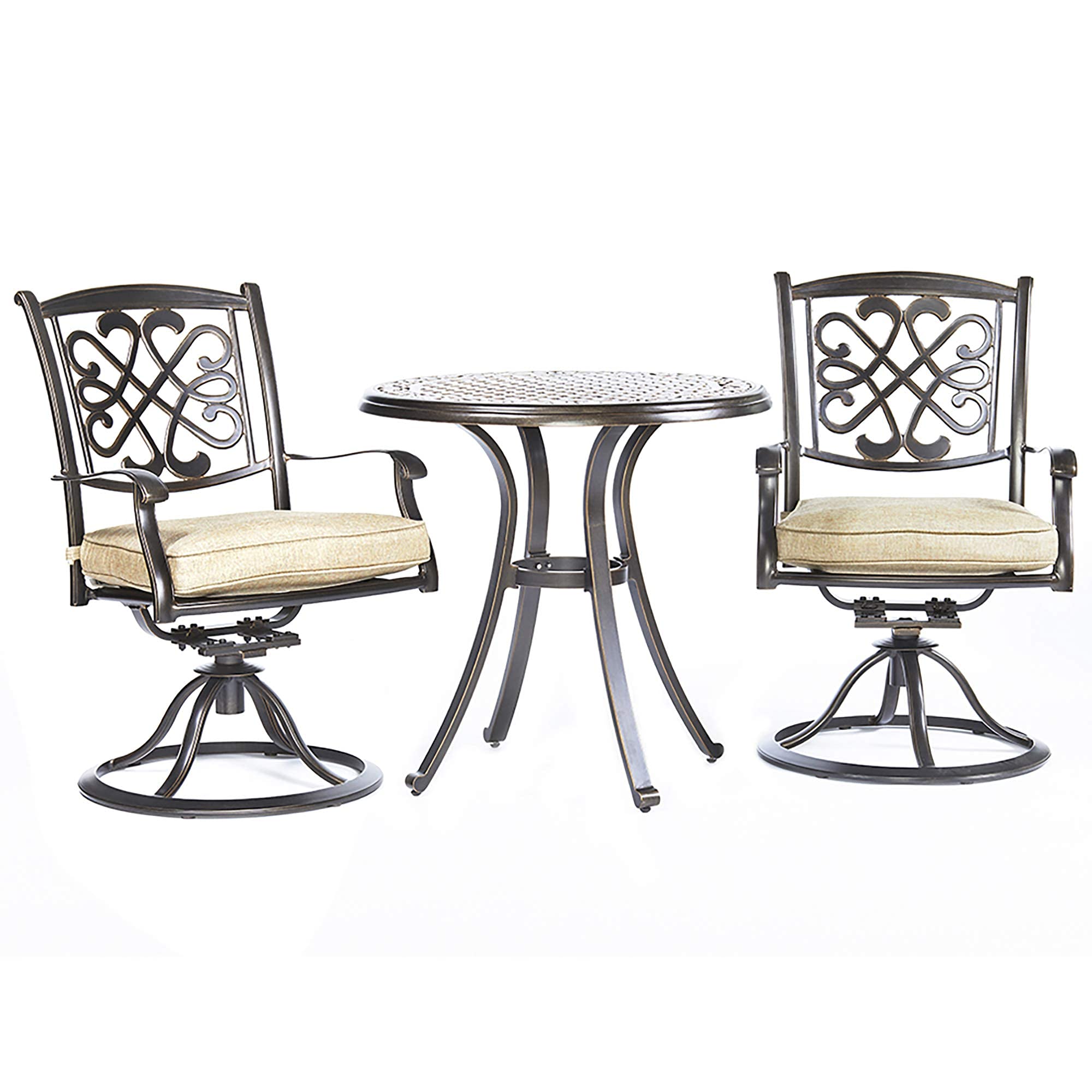 CASUAL WORLD 3 Piece Aluminum Outdoor Bistro Set, 2 Cushioned Swivel Rocker Chairs and Cast Aluminum Patio Dining Table, Weather-Resistant Patio Furniture Set for Backyard, Patio, Lawn, Garden