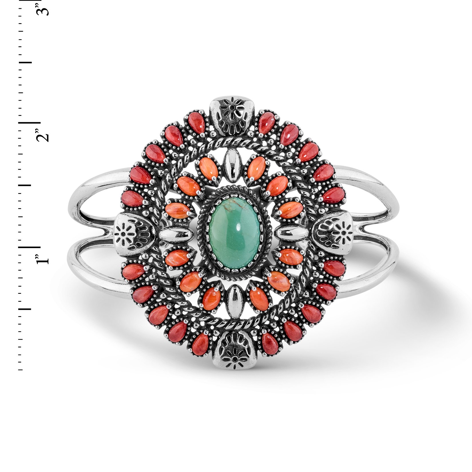 American West Sterling Silver Green Turquoise, Orange and Red Spiny Oyster Shell Gemstone Cuff Bracelet Size Medium