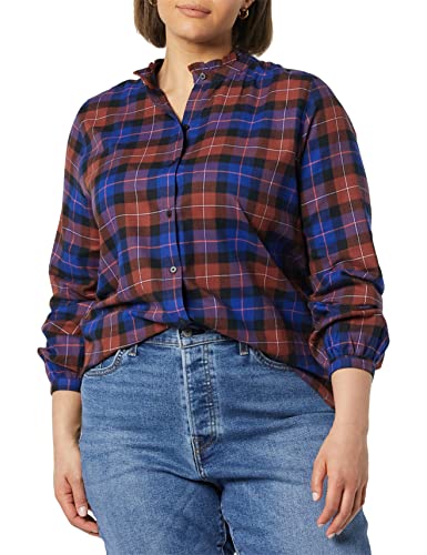 Amazon Essentials Women's Long-Sleeve Ruffle Detail Flannel Shirt, Blue Rust Windowpane Plaid, Large