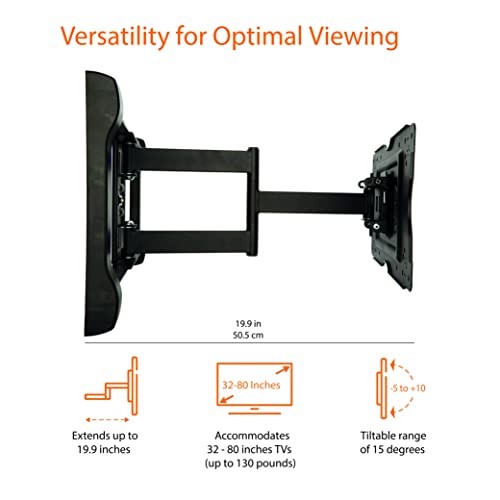 Amazon Basics Full Motion Articulating TV Wall Mount Bracket with Swivel and Tilt Features for 32 to 80" TVs and Flat Panels up to 130 Lbs, Black