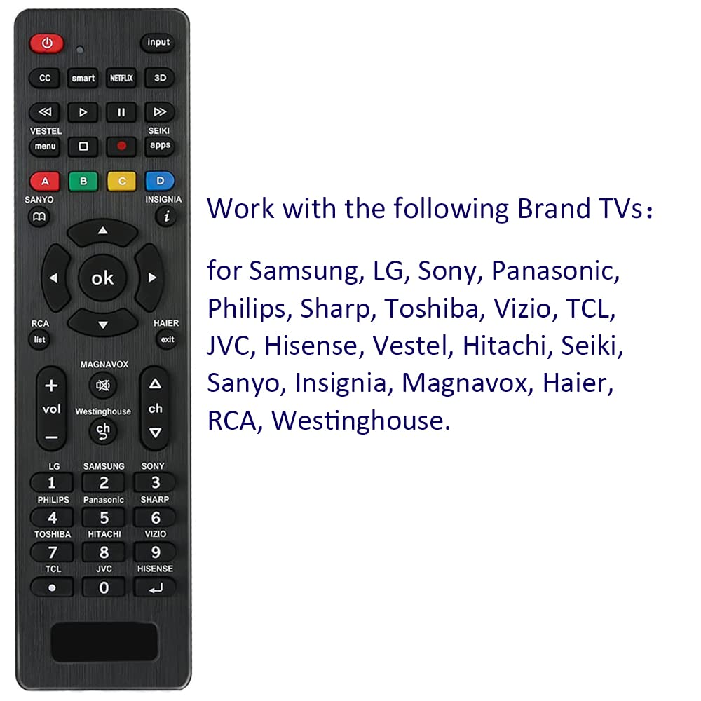 Amiroko Universal TV Remote Control for LG, Samsung, Sony, Philips, Panasonic, Sharp, Toshiba, Hitachi, Vizio, TCL, JVC, Hisense, Vestel, Seiki, Sanyo, Insignia, Magnavox, RCA, Westinghouse Smart TVs
