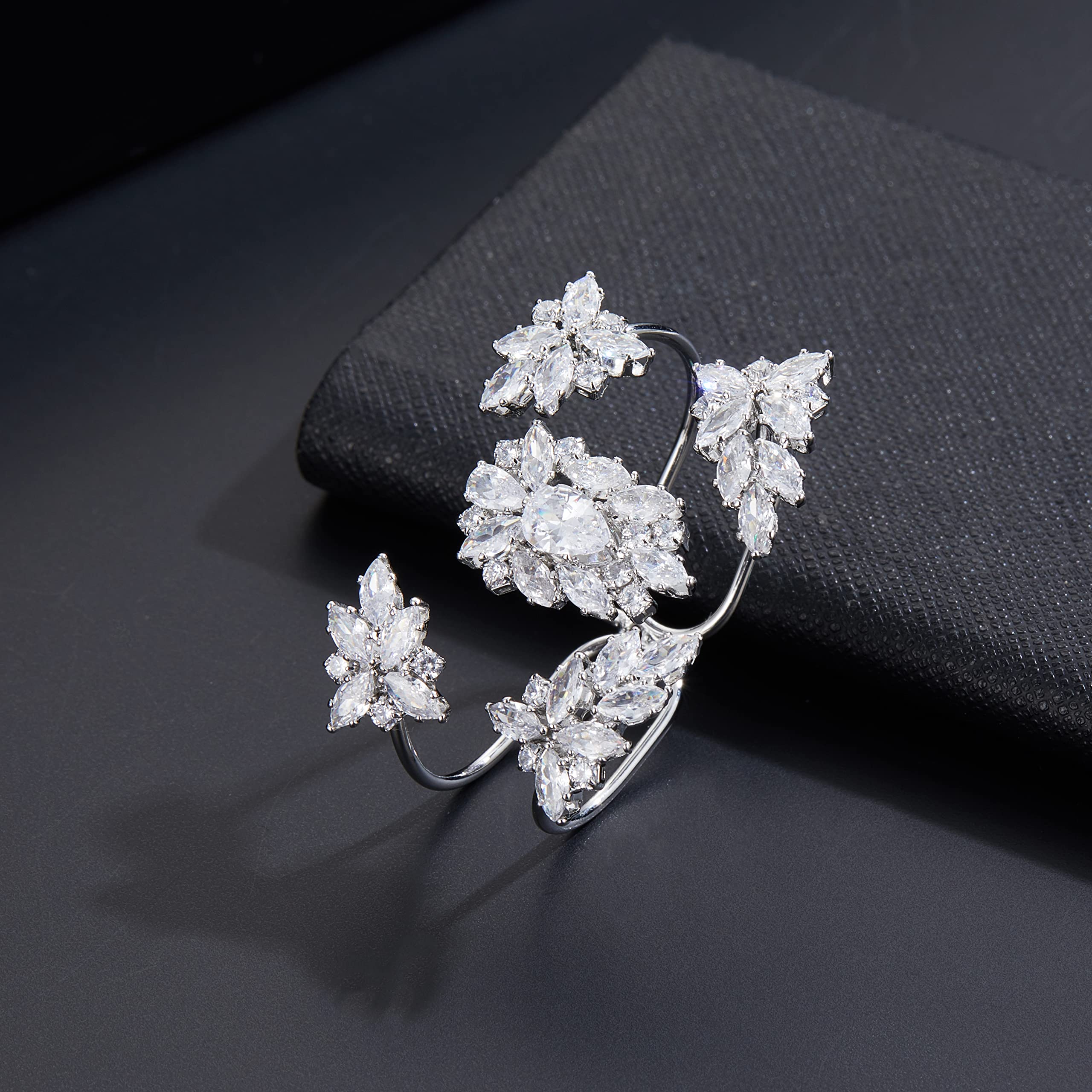 Aprilery Three-Finger Statement Ring Palm for Women, Fashion CZ Crystal Adjustable Rings Cocktail Open Multiple Ring Leaf Wedding Party Prom Accessory Jewelry Gifts for Her (Style 4)