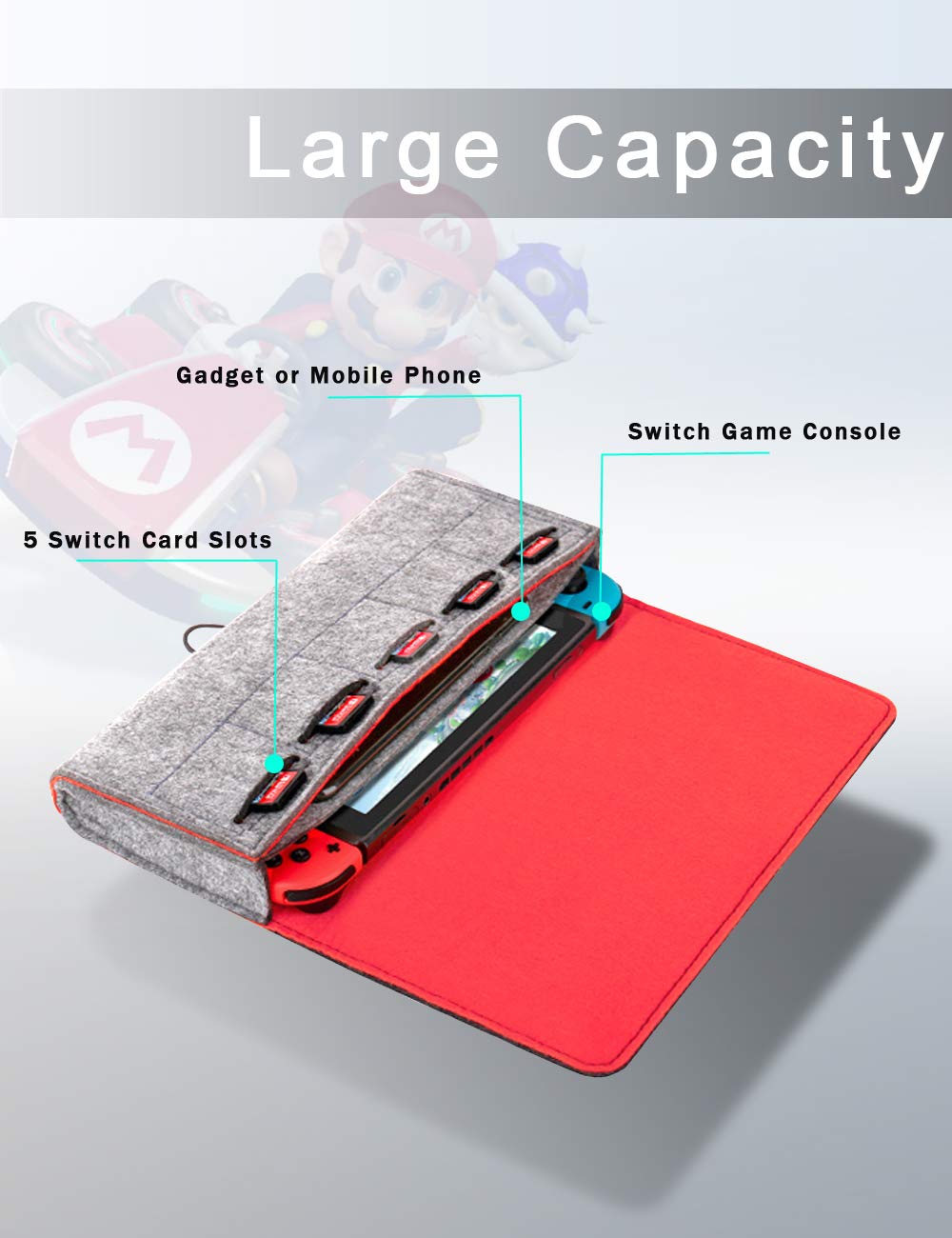 FNEIAE Switch Carrying Case, Ultra Slim Professional Protective Felt Pouch for Nintendo Switch with 5 Game Cartridges Holders - Light Grey