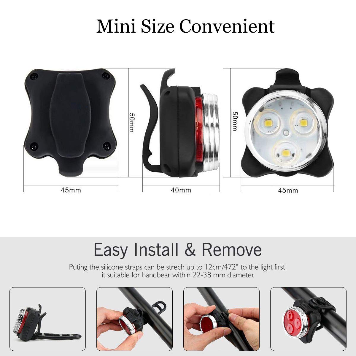AKALE Rechargeable Bike Light Set, LED Bicycle Lights Front and Rear, 4 Light Mode Options, 650mah Lithium Battery, Bike Headlight, IPX4 Waterproof, Easy to Install for Men Women Road 2 Pack