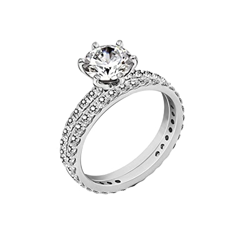 Amazon Essentials Platinum-Plated Sterling Silver Round Ring Set made with Infinite Elements Cubic Zirconia (1 Carat Center Stone), Size 7 (previously Amazon Collection)