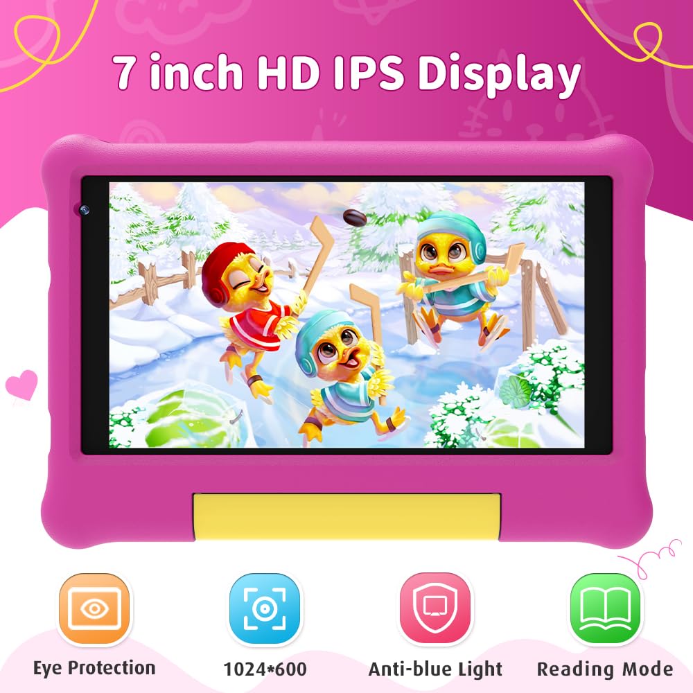 ApoloSign Kids Tablet with Case 7-inch Android 13 tablet for kids, 32GB, Parental Control, WiFi, Bluetooth, Educational Apps Latest Upgrade (Pink)