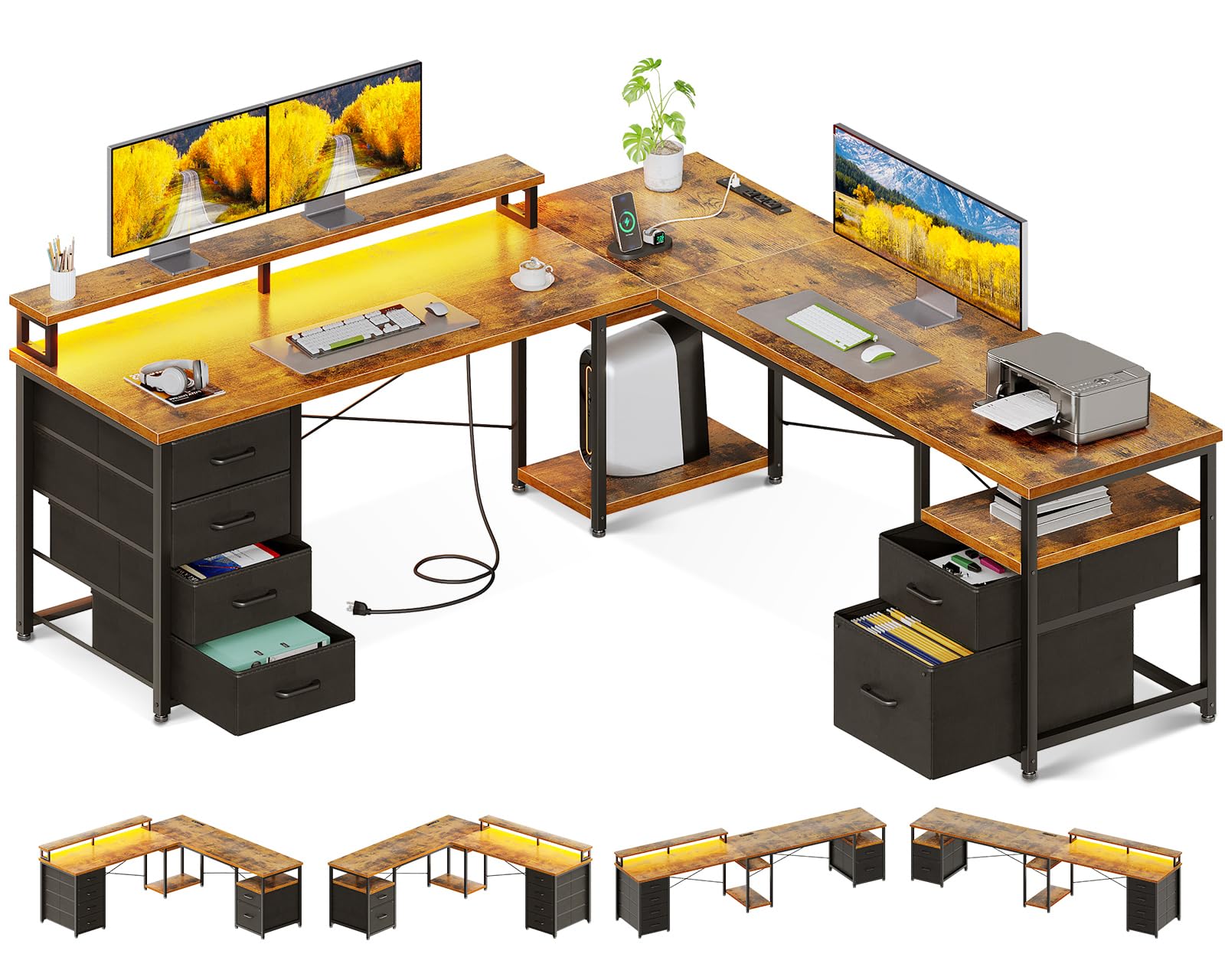 AODK 66" L Shaped Computer Desk, 113â Reversible Home Office Desk with File Cabinet & 4 Fabric Drawers, Two Person Desk with LED Lights & Power Outlet, Corner Gaming Desk with Monitor Shelf, Vintage