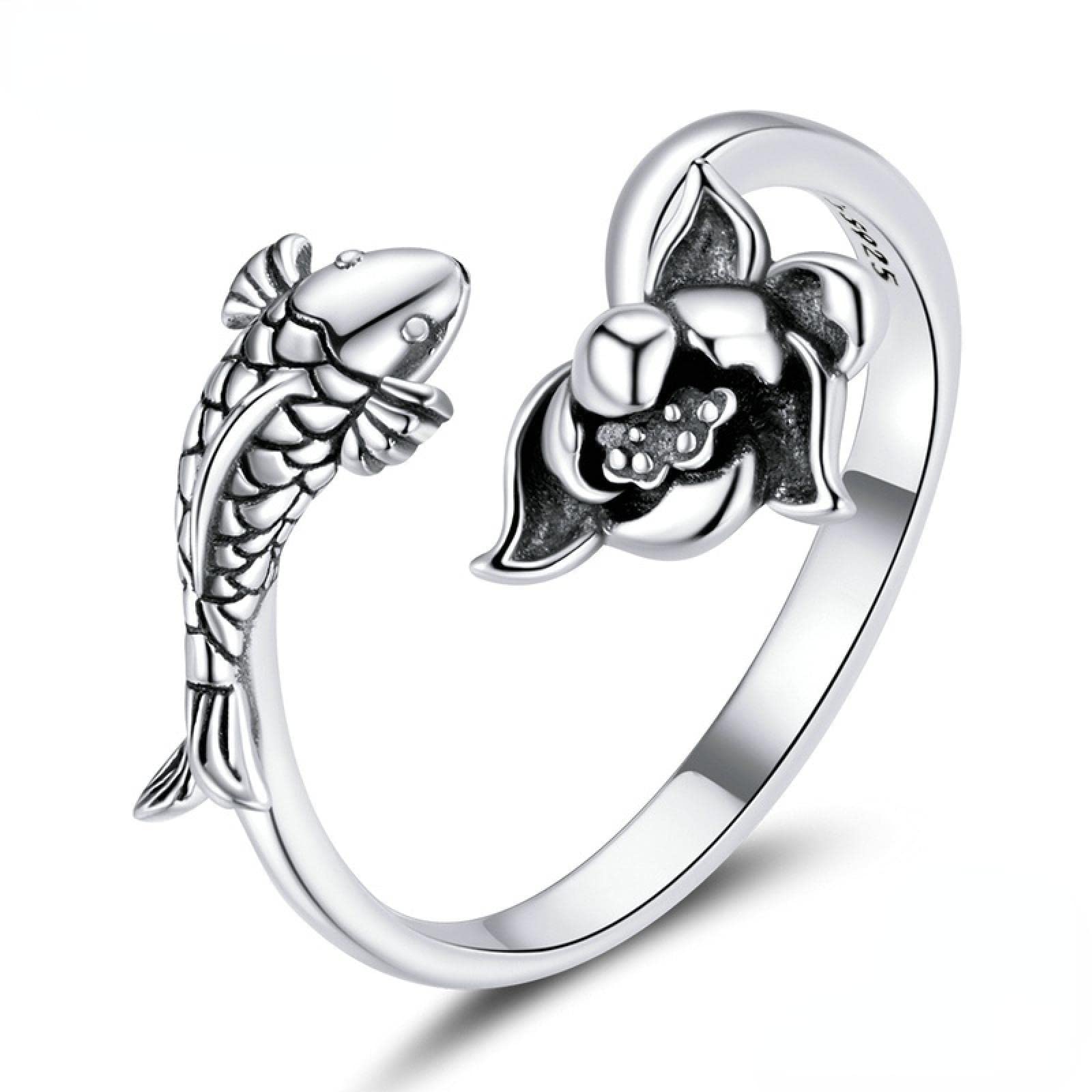 925 Sterling Silver, Natural Koi Lotus Open Ring, Women'S Adjustable Jewelry